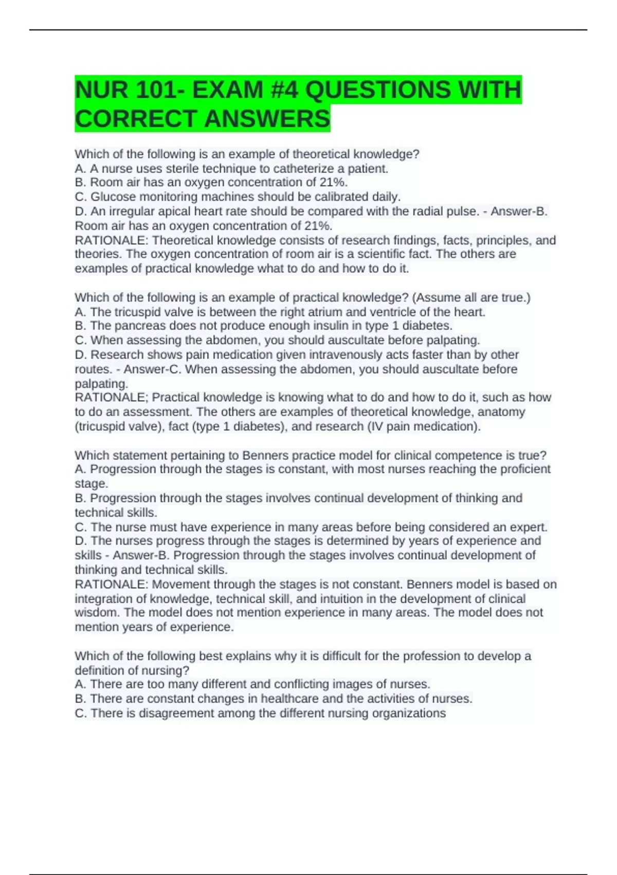 NUR 101- EXAM #4 QUESTIONS WITH CORRECT ANSWERS - NUR 101 - Stuvia US