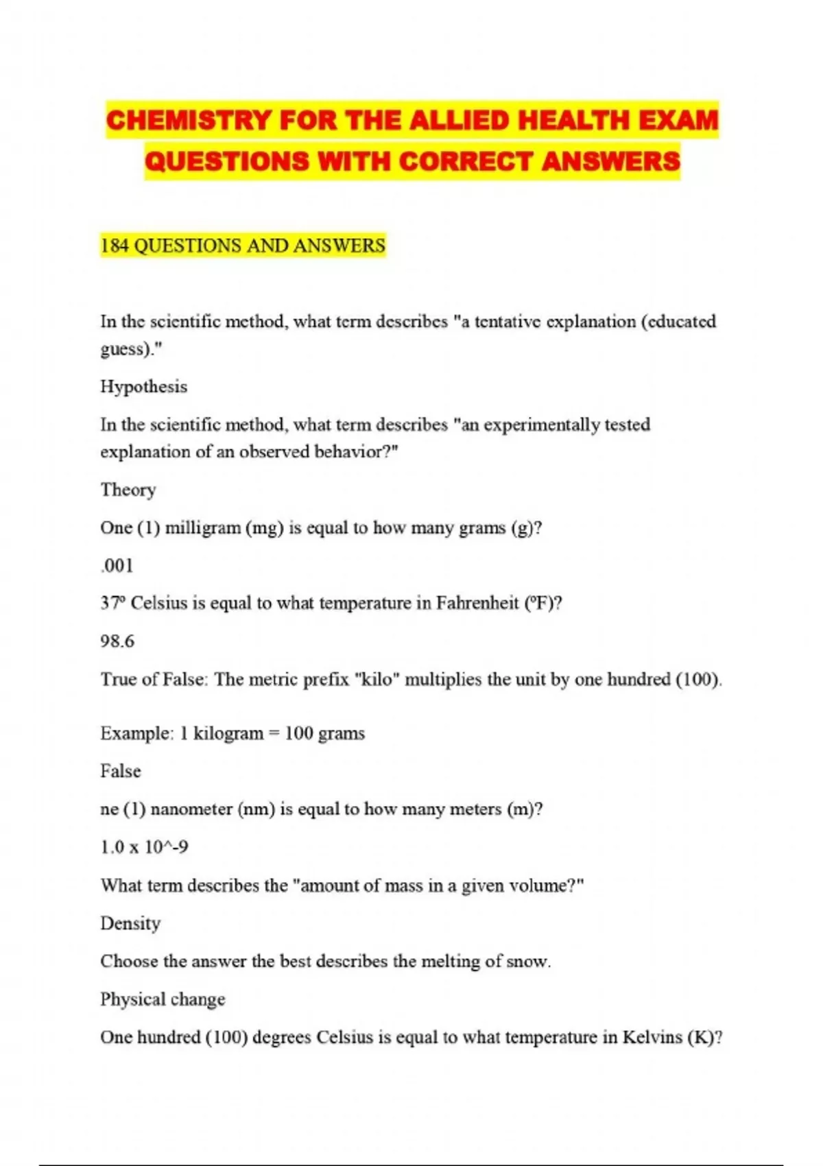 CHEMISTRY FOR THE ALLIED HEALTH EXAM QUESTIONS WITH CORRECT ANSWERS ...