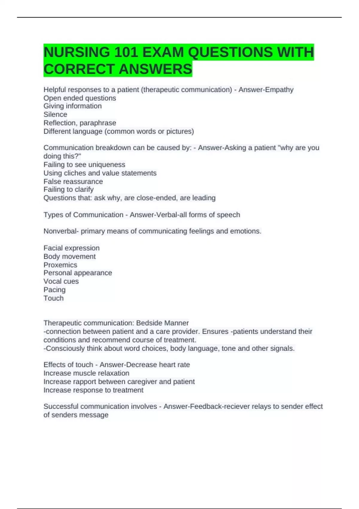 NURSING 101 EXAM QUESTIONS WITH CORRECT ANSWERS - NUR 101 - Stuvia US