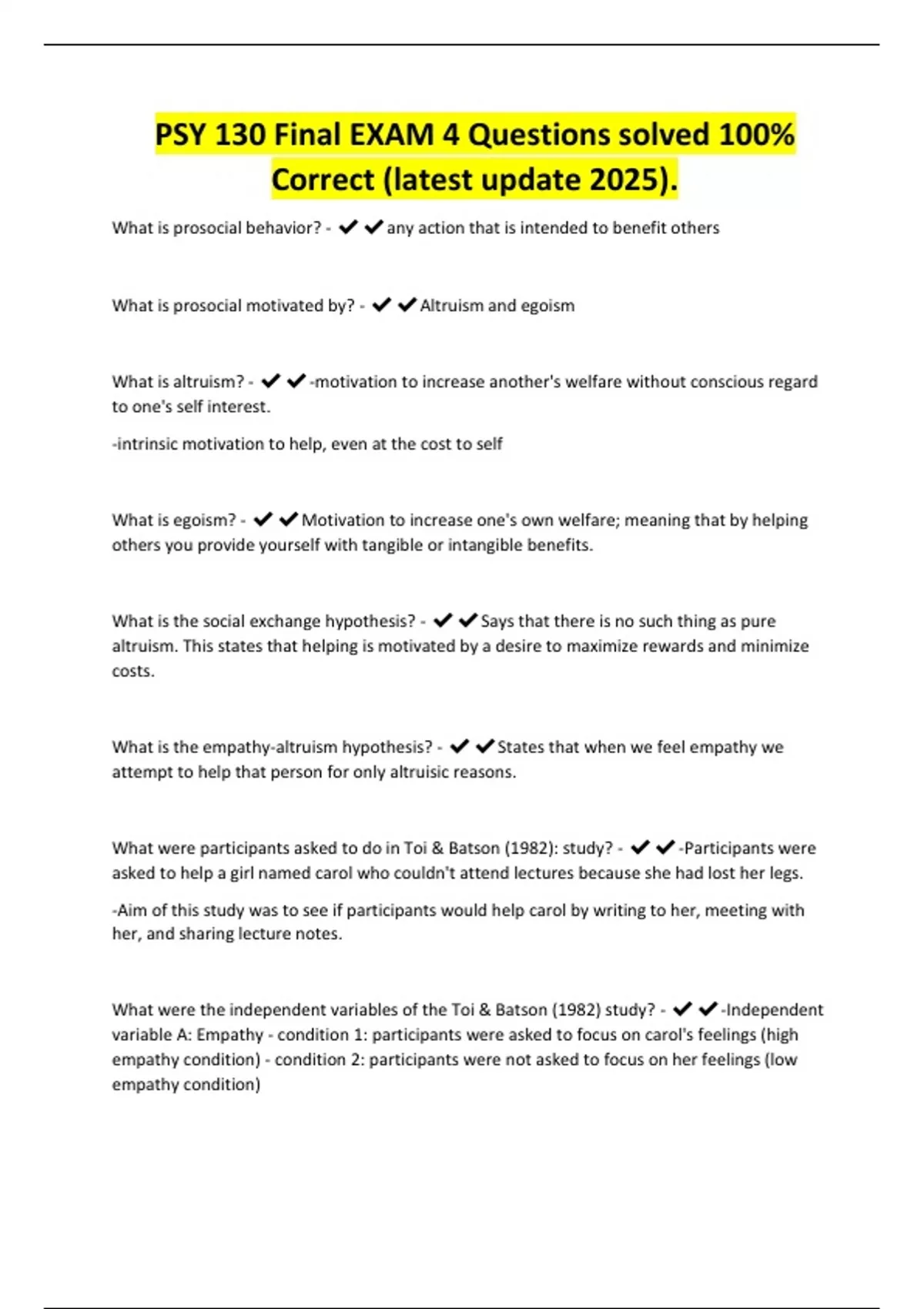 PSY 130 Final EXAM 4 Questions solved 100% Correct (latest update 2025 ...