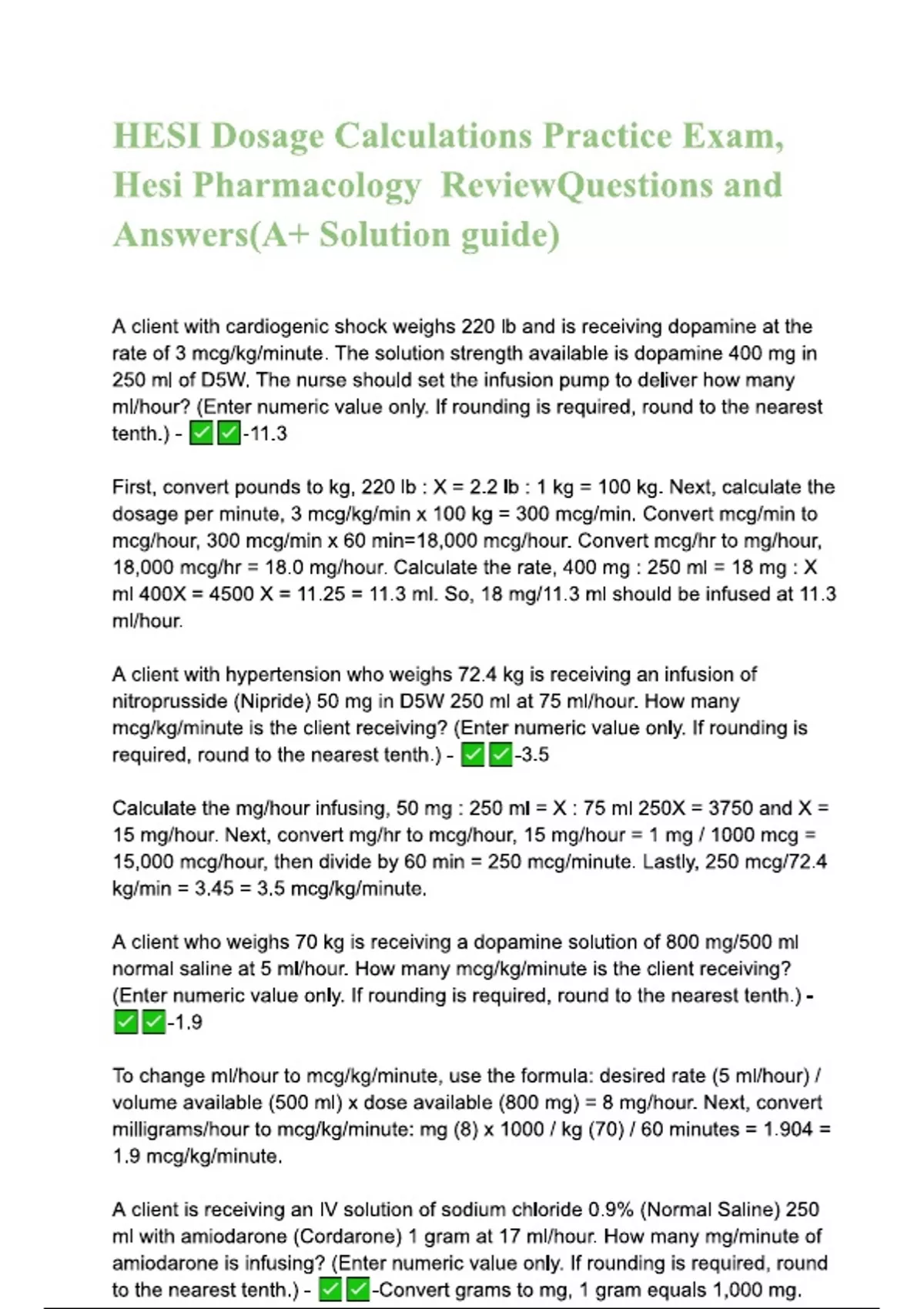 HESI Dosage Calculations Practice Exam, Hesi Pharmacology ...