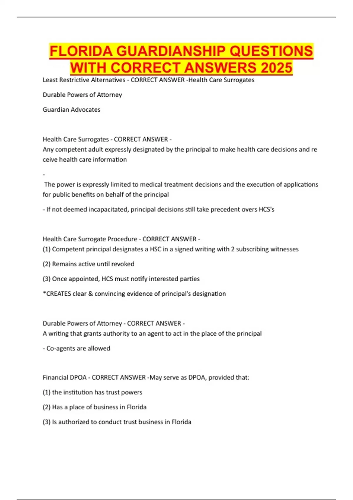 FLORIDA GUARDIANSHIP QUESTIONS WITH CORRECT ANSWERS 2025 - Florida ...