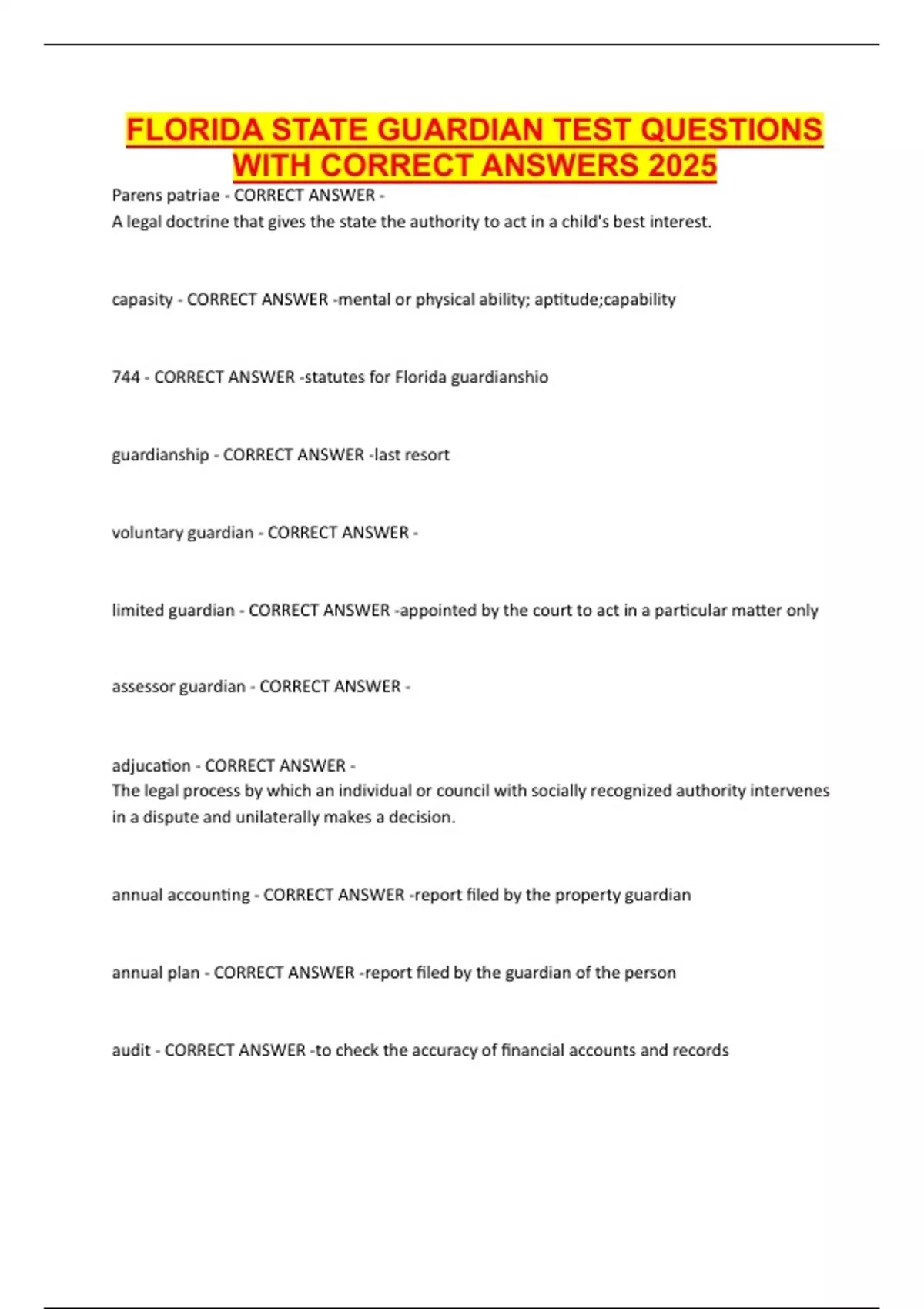 FLORIDA STATE GUARDIAN TEST QUESTIONS WITH CORRECT ANSWERS 2025 ...