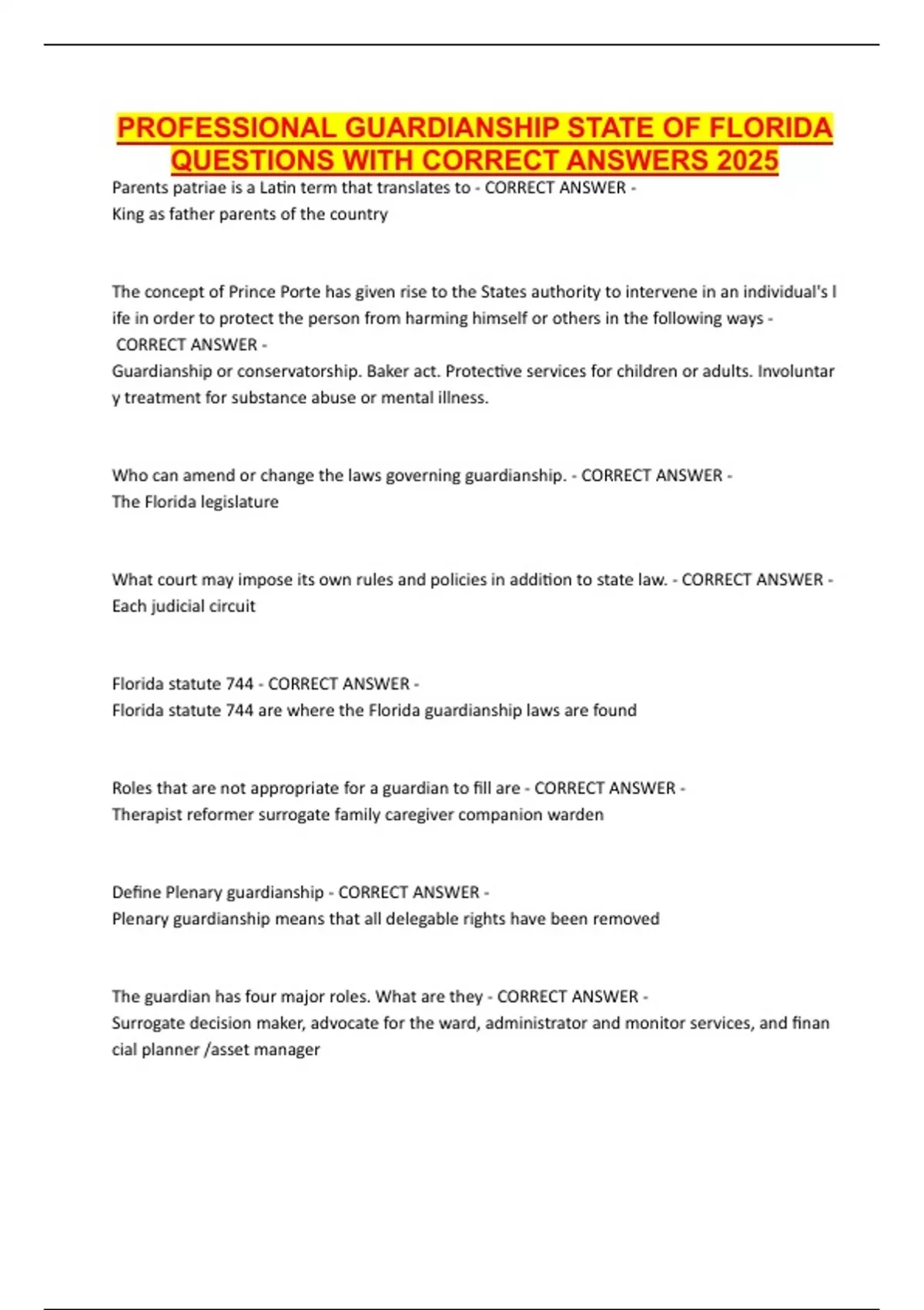 PROFESSIONAL GUARDIANSHIP STATE OF FLORIDA QUESTIONS WITH CORRECT ...