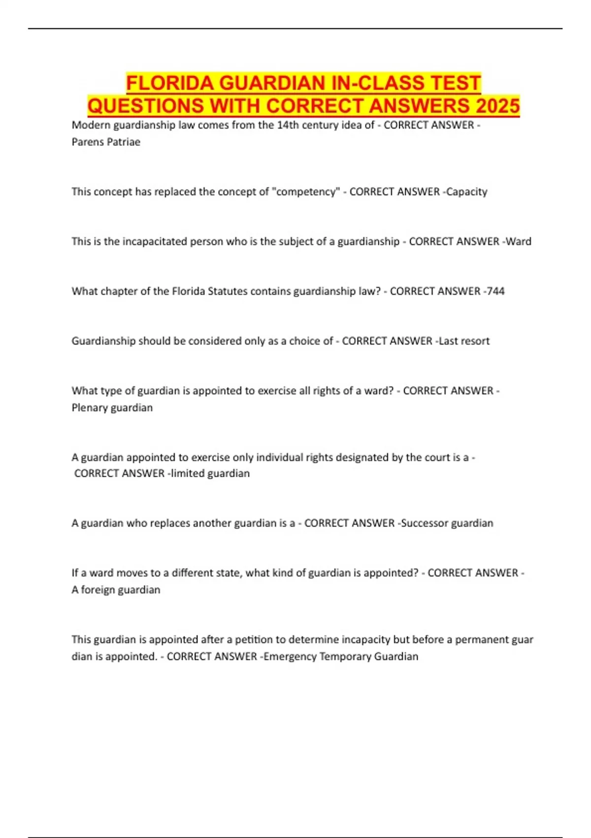 FLORIDA GUARDIAN IN-CLASS TEST QUESTIONS WITH CORRECT ANSWERS 2025 ...