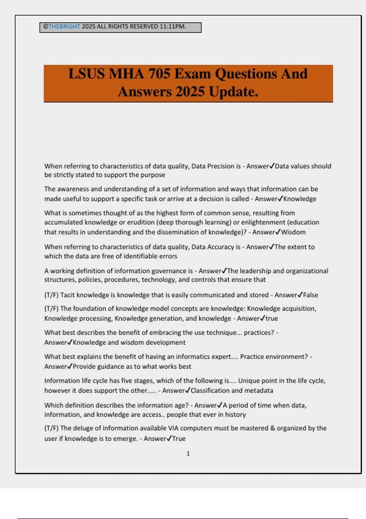 LSUS MHA 705 Exam Questions And Answers 2025 Update. - MHA 705 - Stuvia US