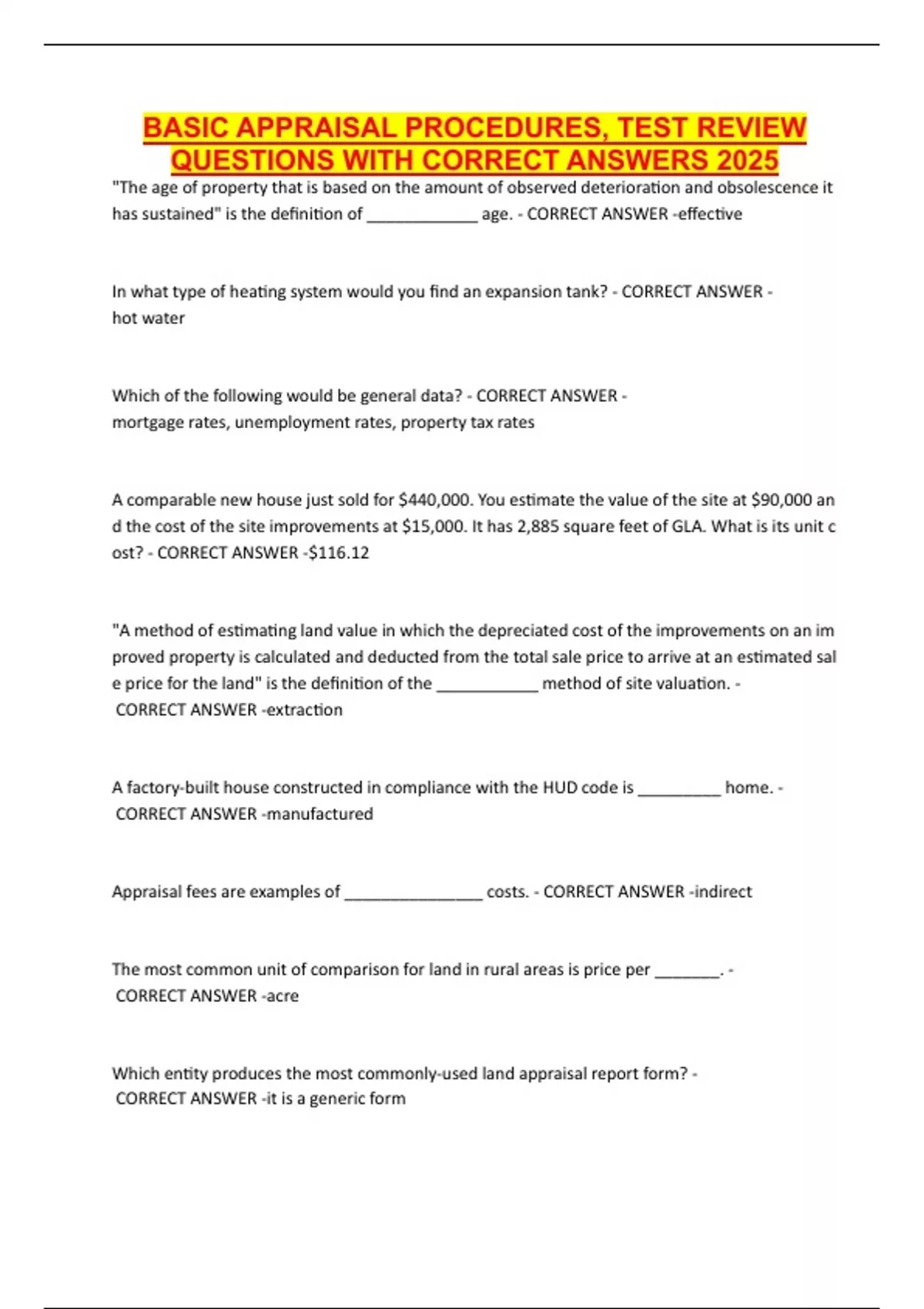 BASIC APPRAISAL PROCEDURES, TEST REVIEW QUESTIONS WITH CORRECT ANSWERS ...