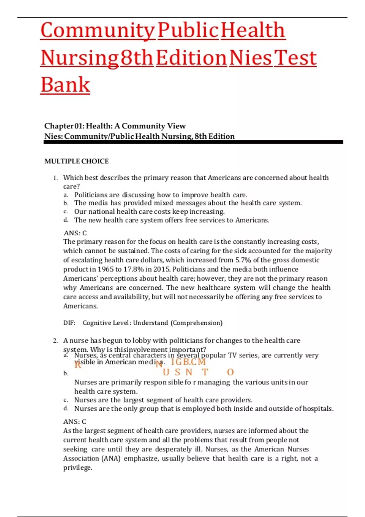 TEST BANK- Community Public Health Nursing 8TH Edition by Mary A. Nies ...