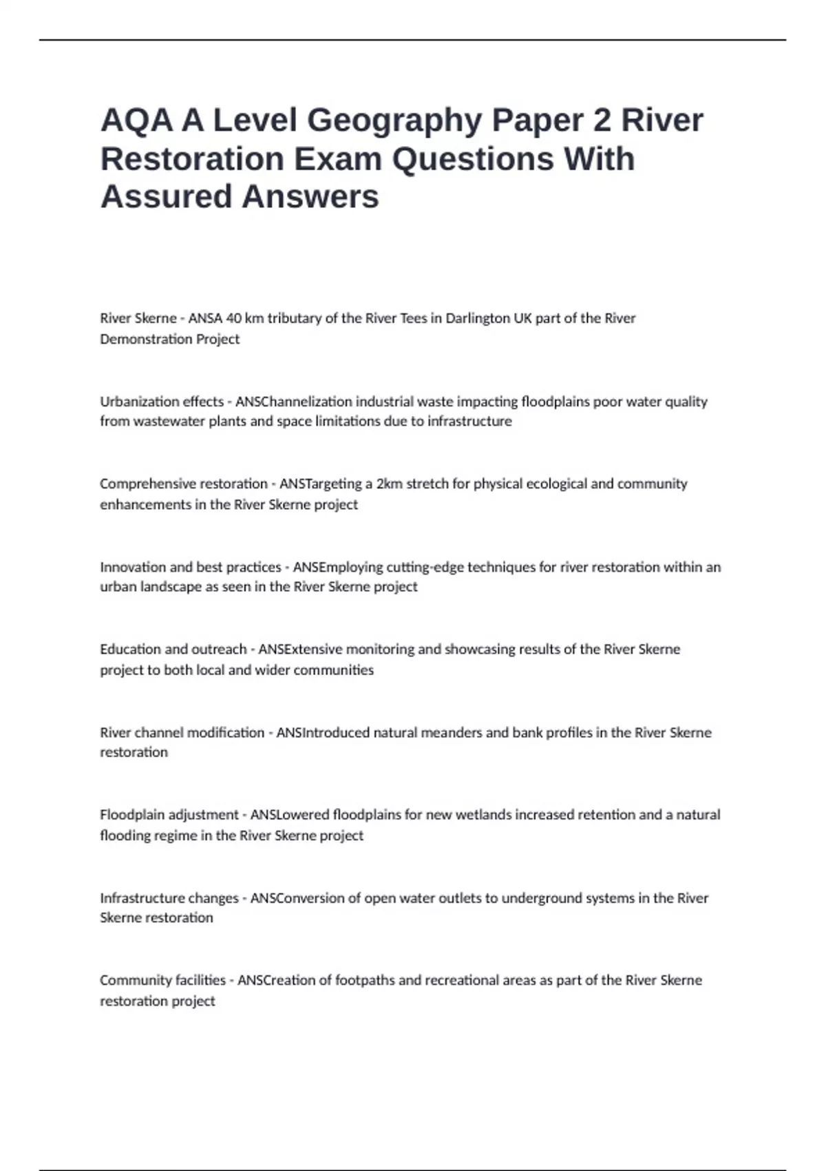 AQA A Level Geography Paper 2 River Restoration Exam Questions With ...
