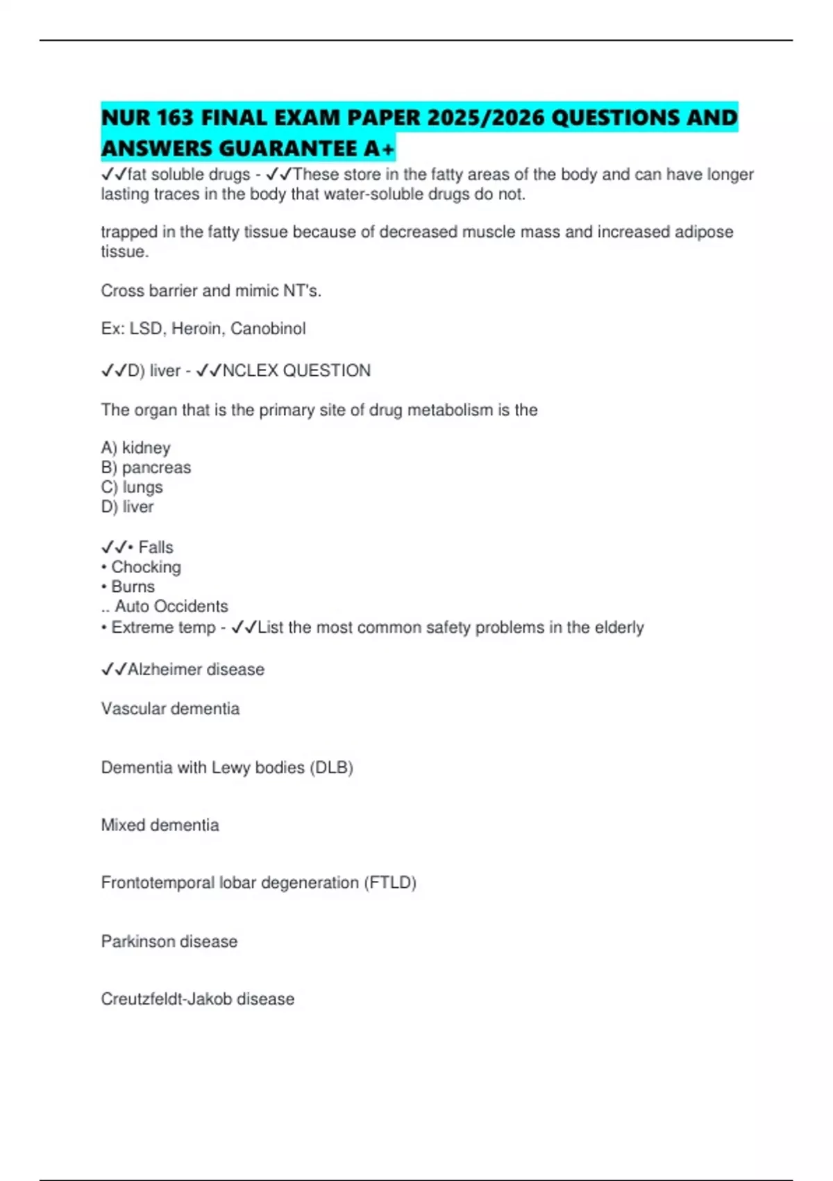 NUR 163 FINAL EXAM PAPER 2025/2026 QUESTIONS AND ANSWERS GUARANTEE A+ ...