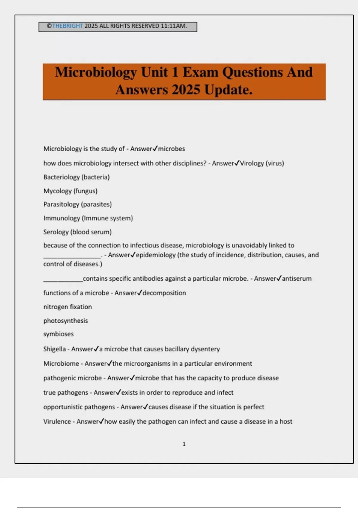 Microbiology Unit 1 Exam Questions And Answers 2025 Update ...