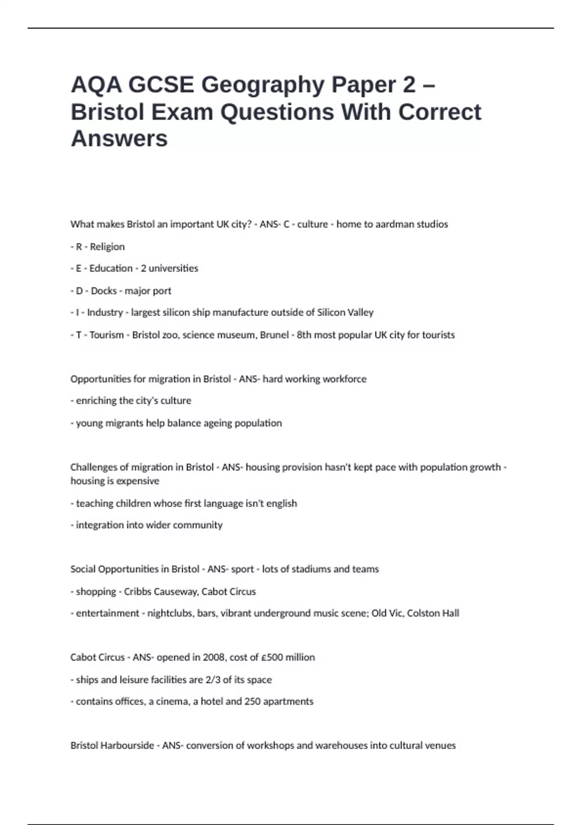 AQA GCSE Geography Paper 2 – Bristol Exam Questions With Correct ...