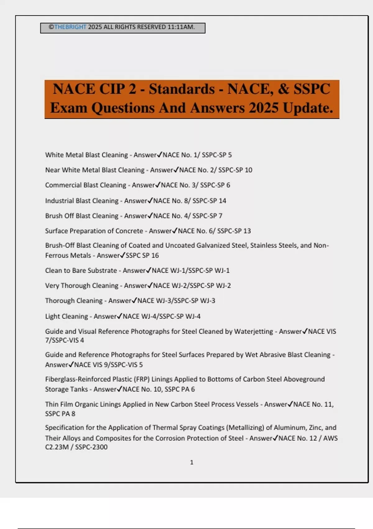 NACE CIP 2 - Standards - NACE, & SSPC Exam Questions And Answers 2025 Update. - NACE CIP 2 ...