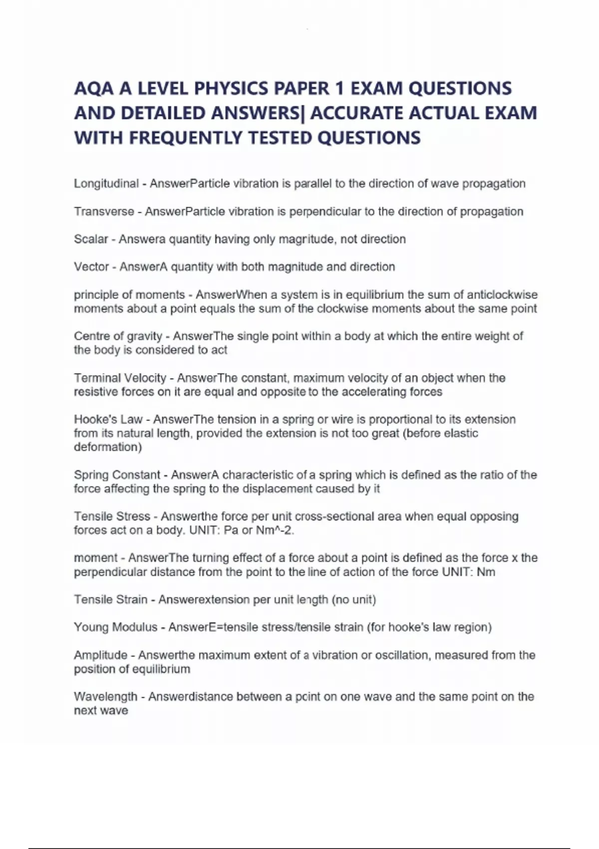 AQA A LEVEL PHYSICS PAPER 1 EXAM QUESTIONS AND DETAILED ANSWERS ...