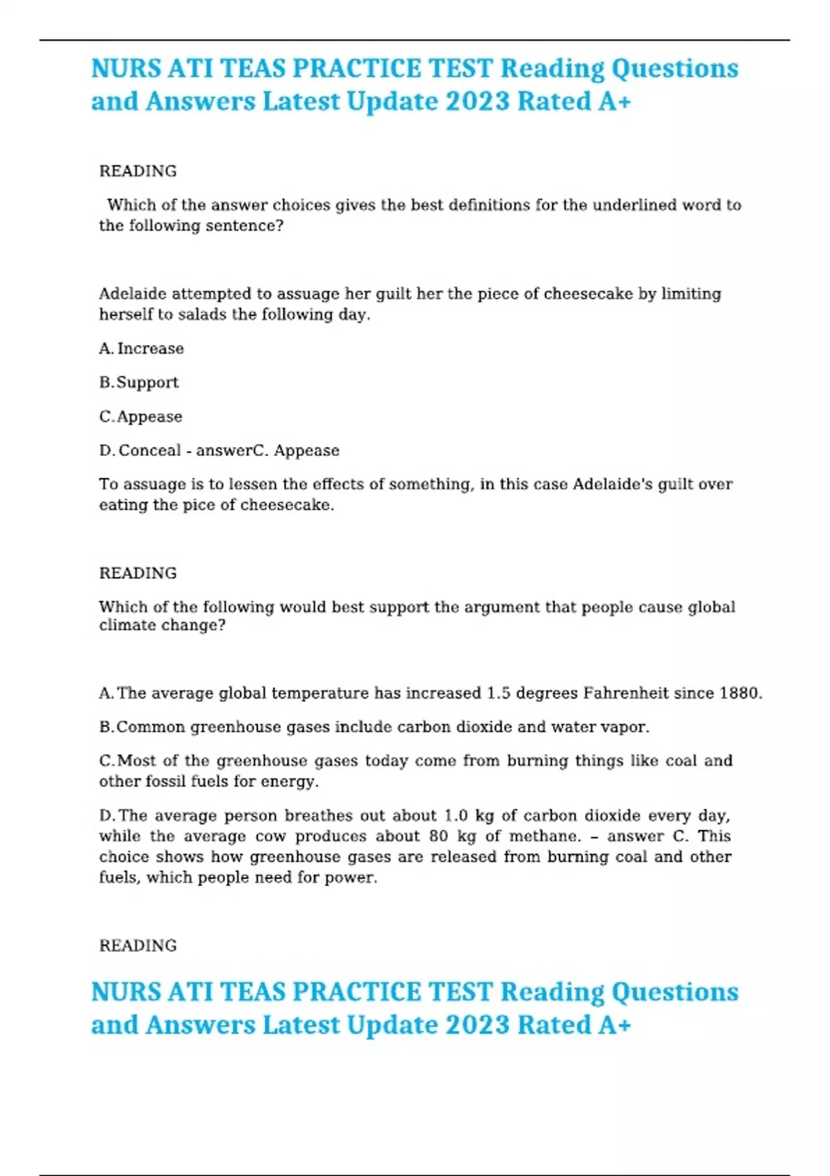 NURS ATI TEAS PRACTICE TEST Reading 250+ Questions and Answers Latest ...