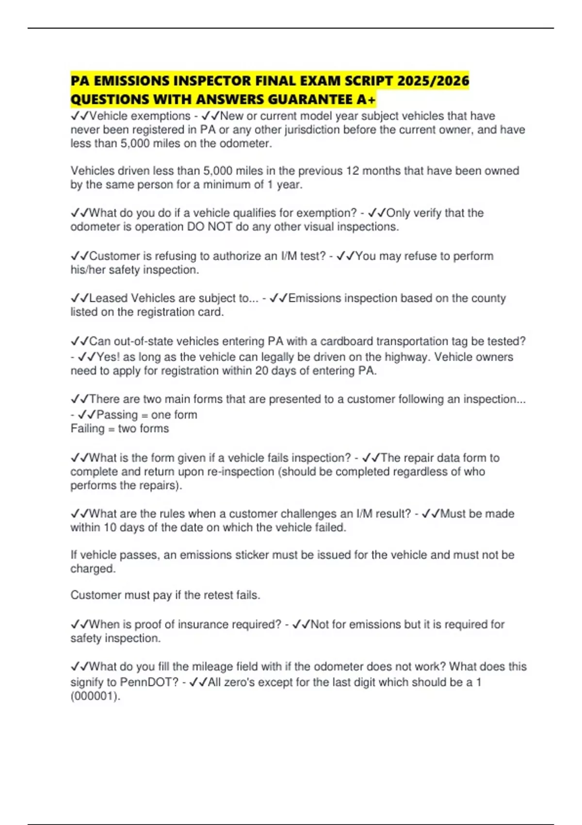 PA EMISSIONS INSPECTOR FINAL EXAM SCRIPT 2025/2026 QUESTIONS WITH ANSWERS GUARANTEE A+ - Pa ...