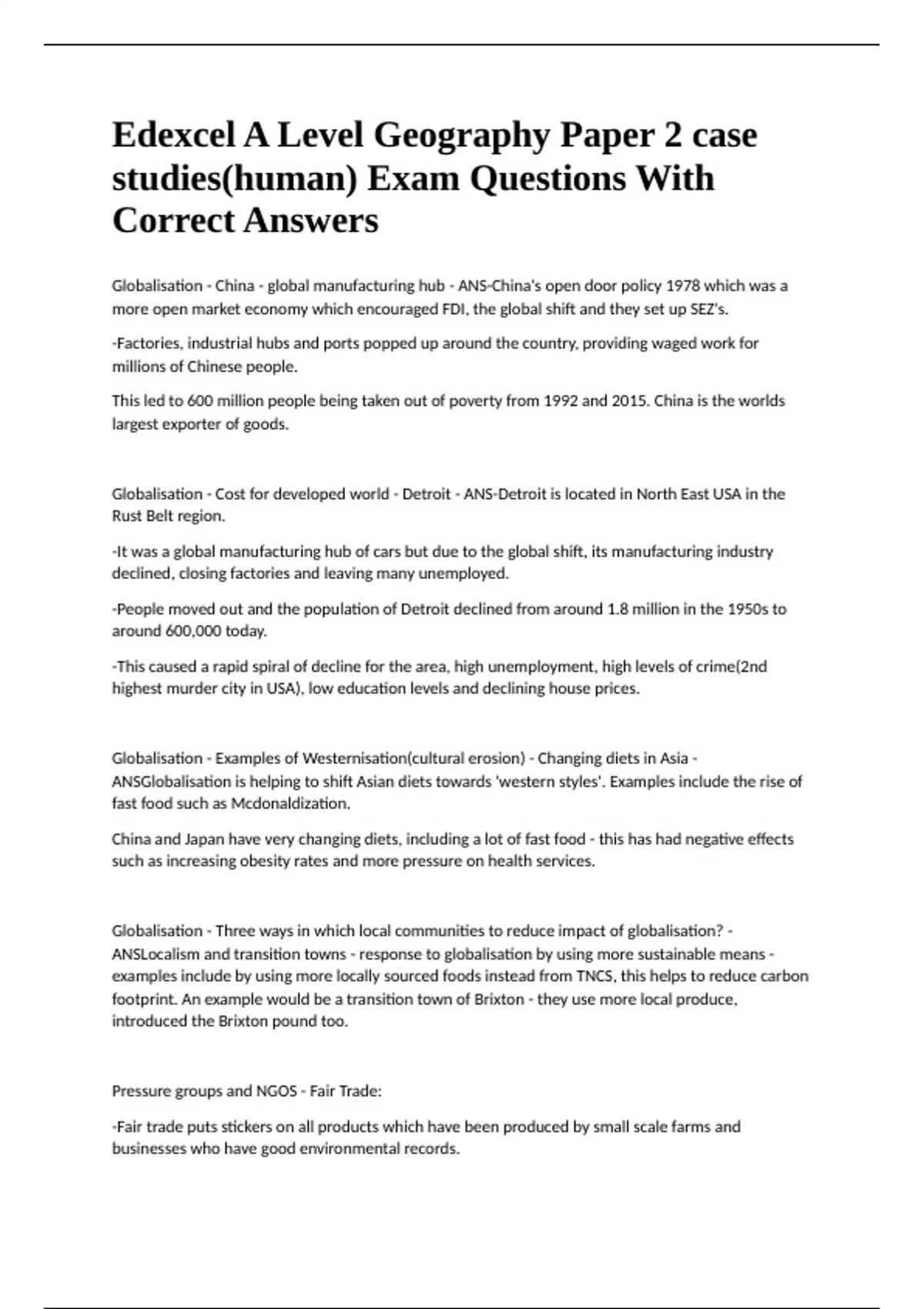 Edexcel A Level Geography Paper 2 case studies(human) Exam Questions ...