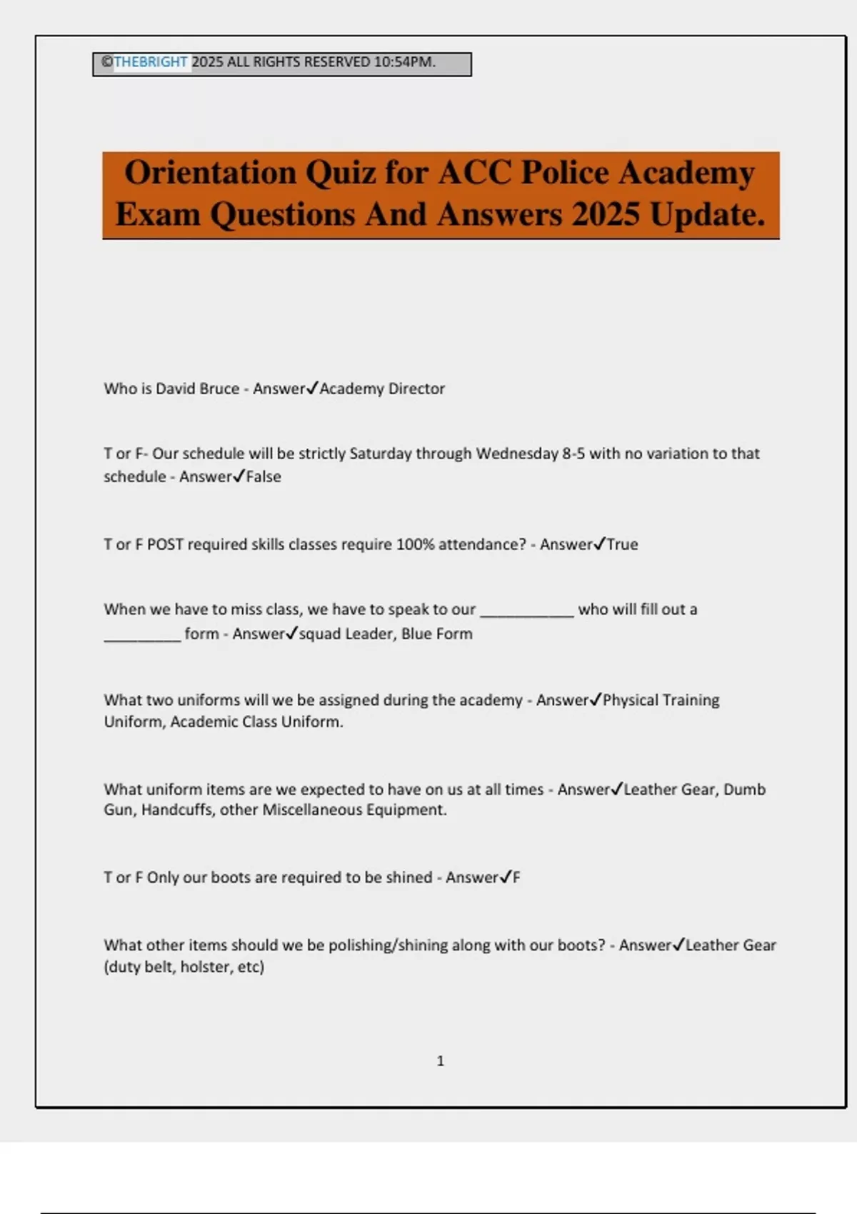 Orientation Quiz for ACC Police Academy Exam Questions And Answers 2025 ...