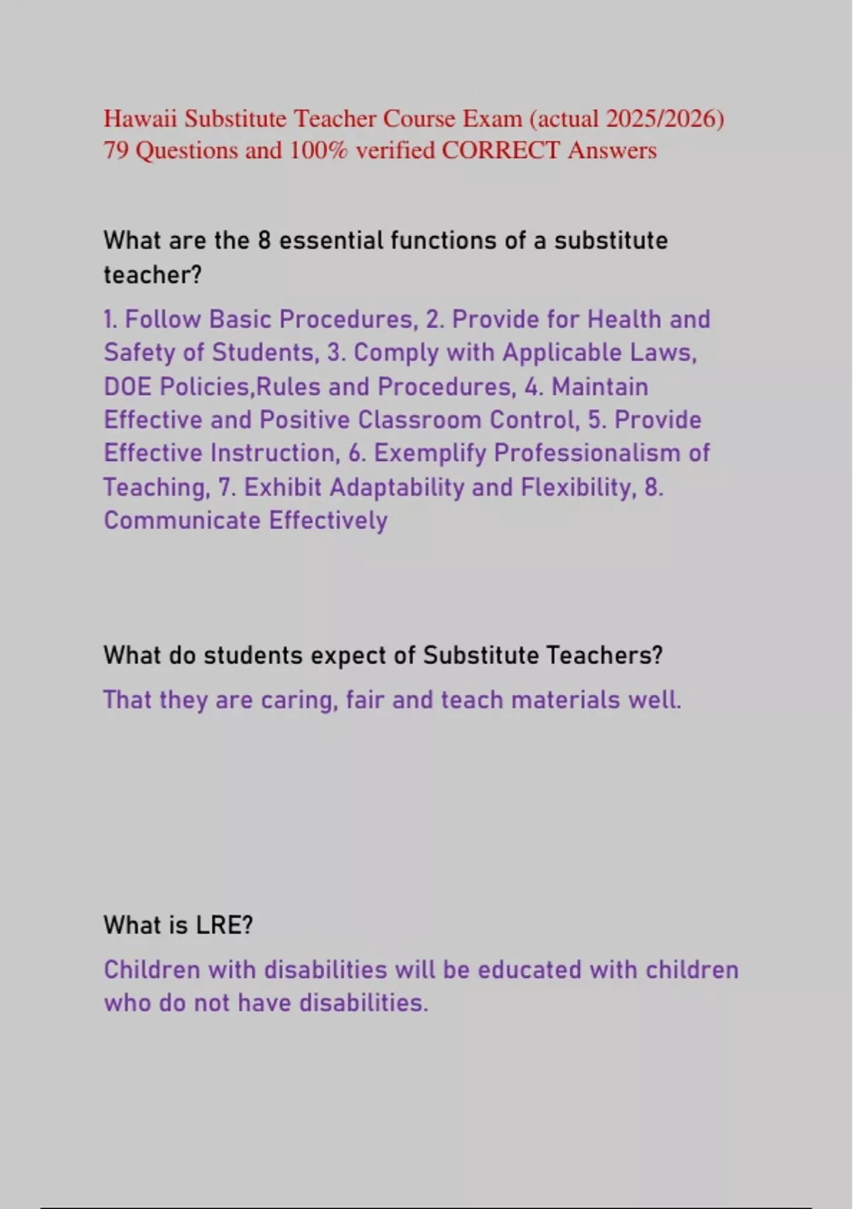 Hawaii Substitute Teacher Course Exam (actual 2025/2026) 79 Questions ...