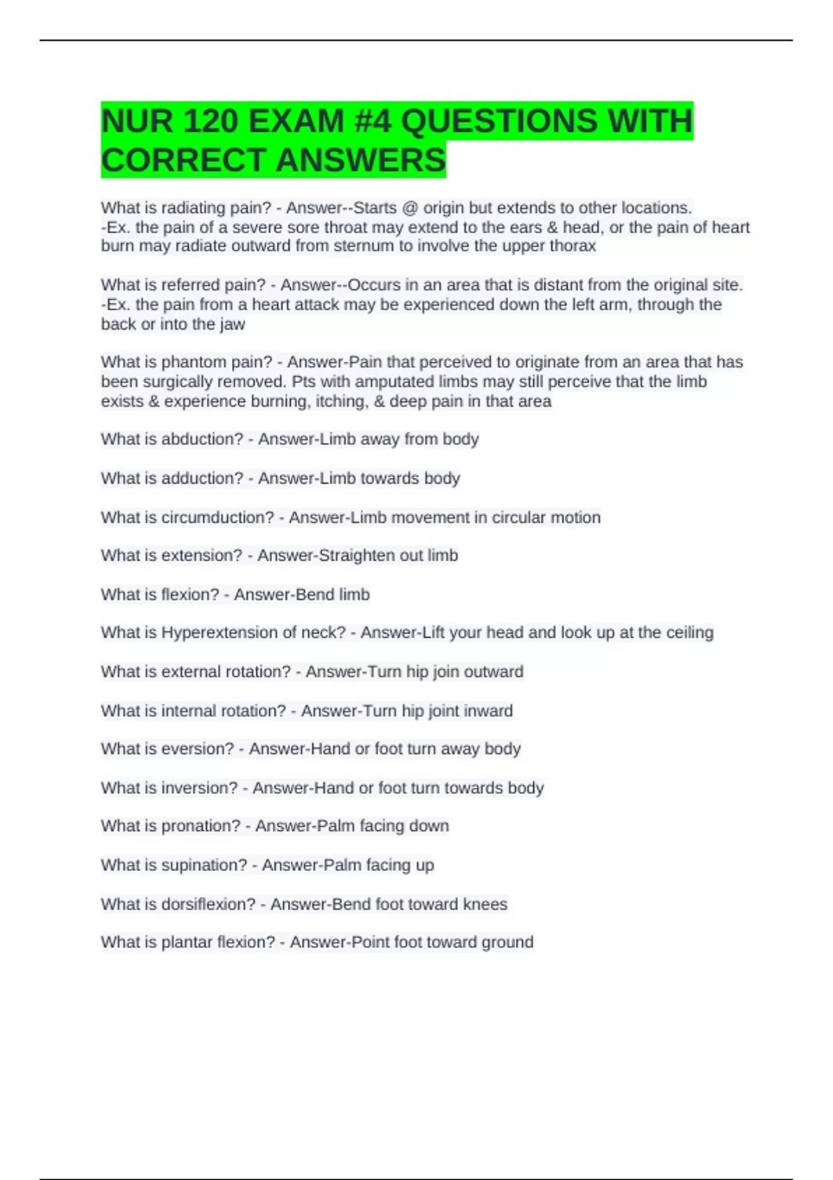 NUR 120 EXAM #4 QUESTIONS WITH CORRECT ANSWERS - NUR 120 - Stuvia US