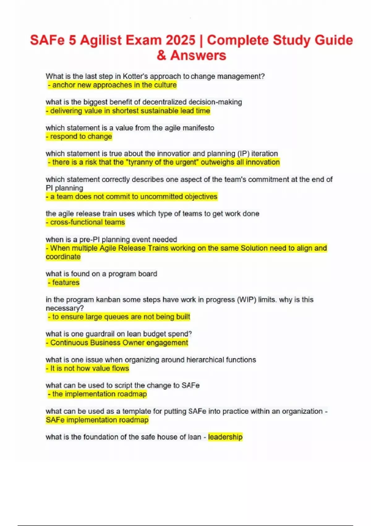 SAFe 5 Agilist Exam 2025 | Complete Study Guide & Answers - SA - SAFe Agilist - Stuvia US