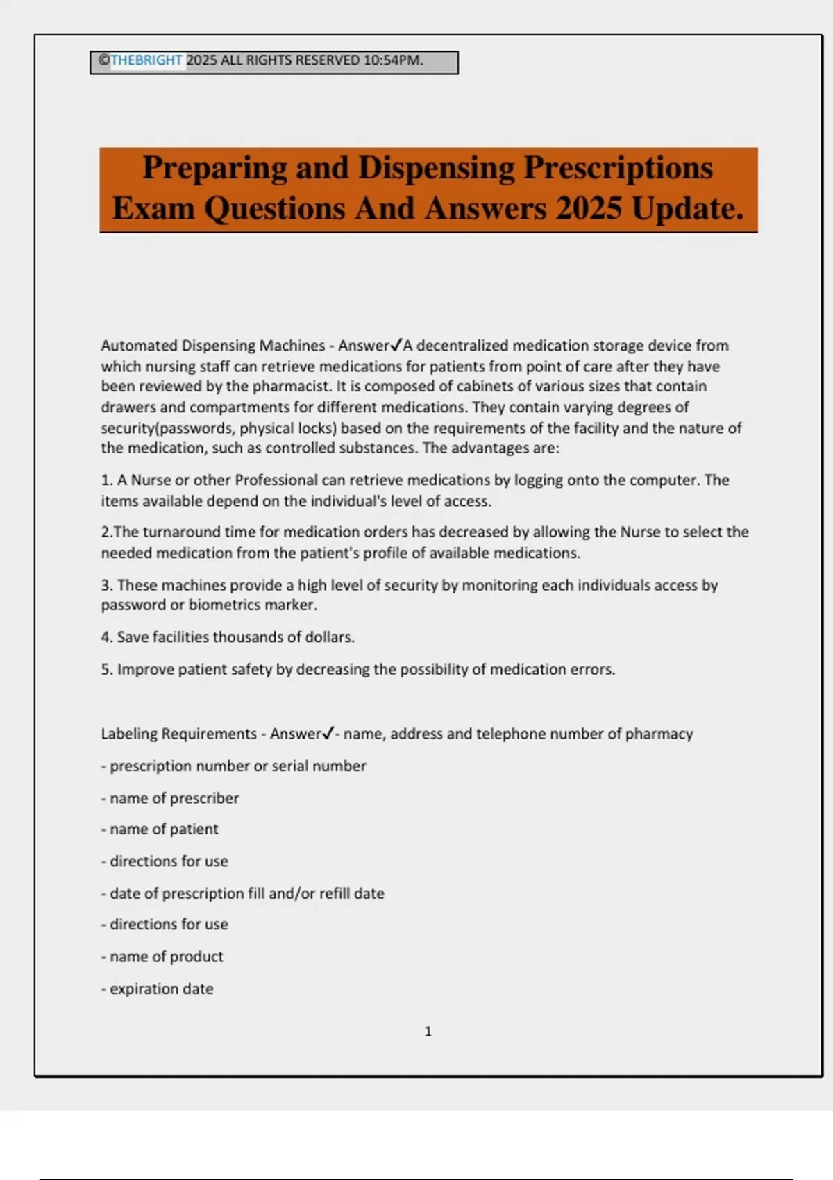 Preparing and Dispensing Prescriptions Exam Questions And Answers 2025 ...