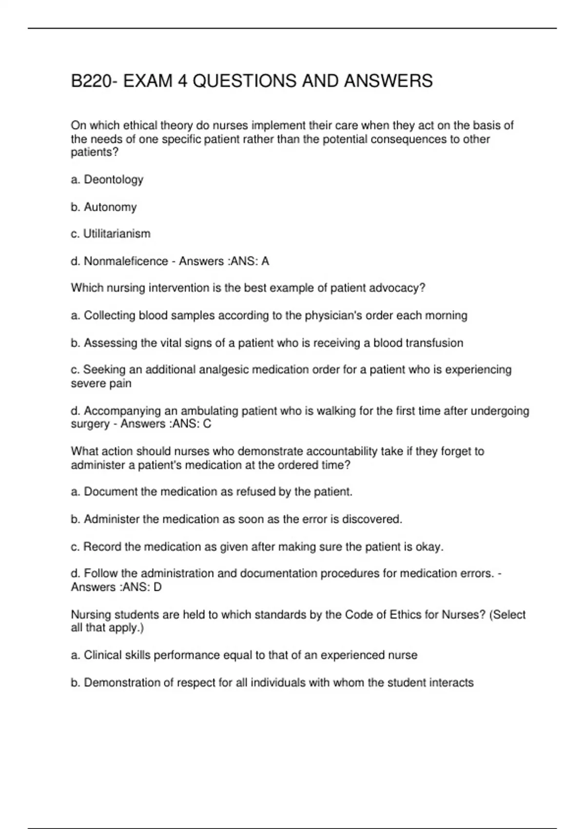 B220- EXAM 4 QUESTIONS AND ANSWERS - B220 - Stuvia US