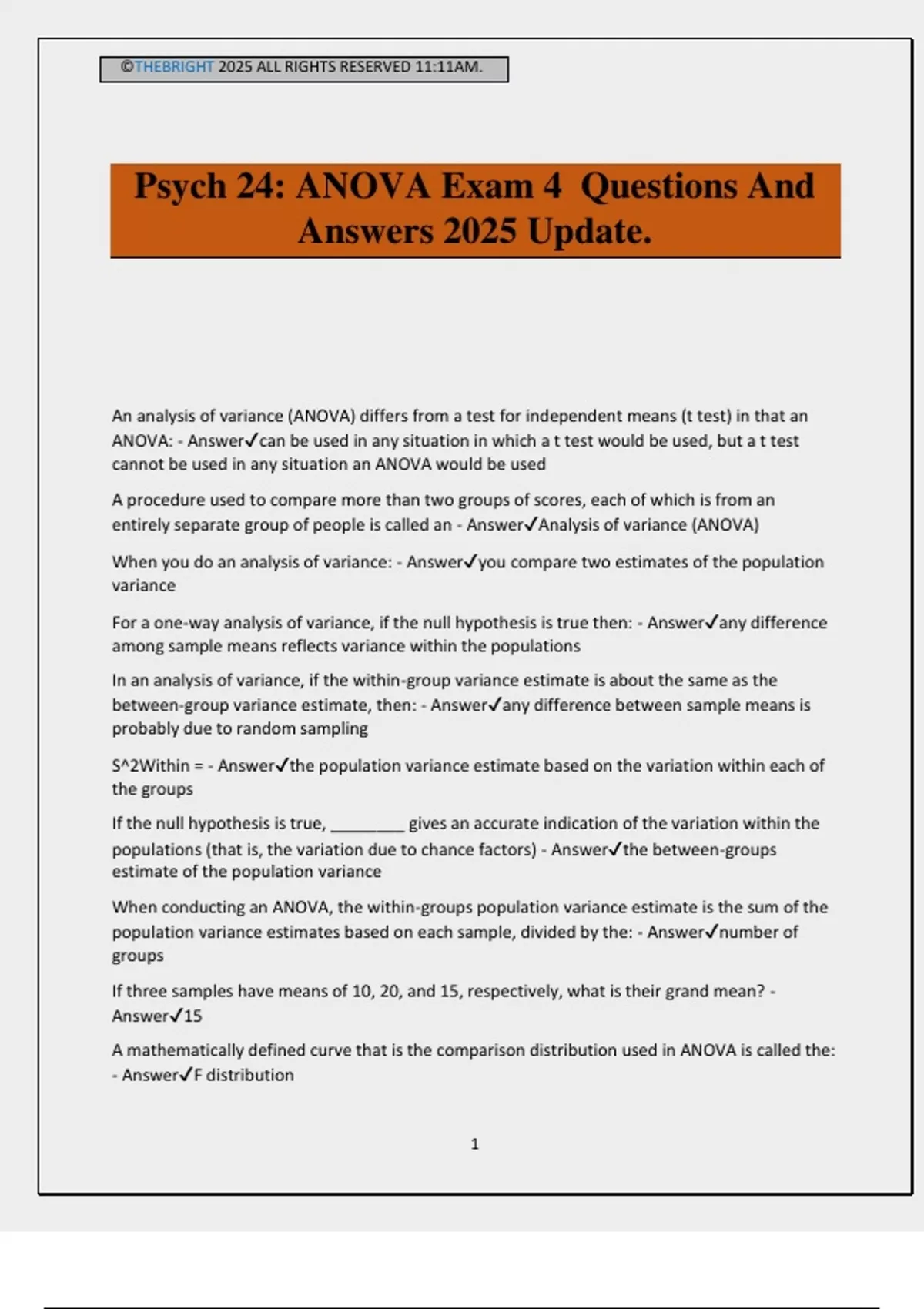 Psych 24: ANOVA Exam 4 Questions And Answers 2025 Update. - Psych 24 ...