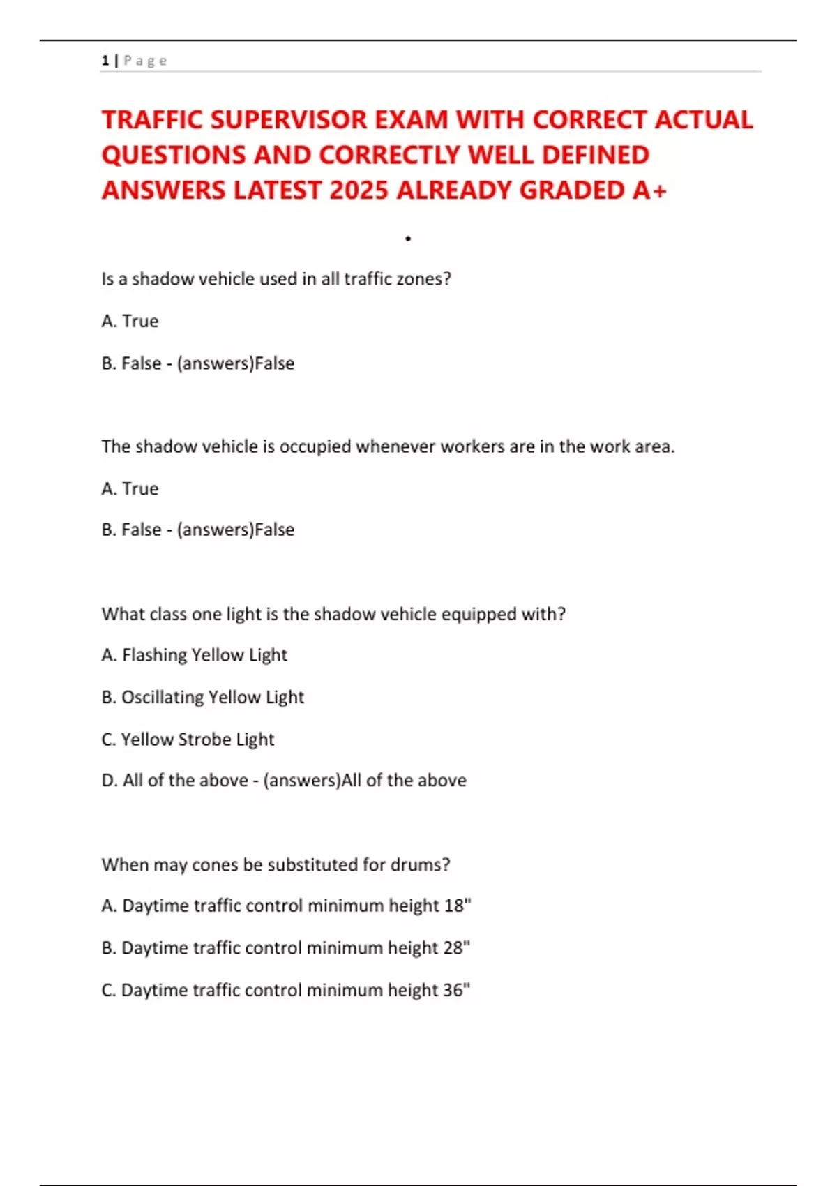 TRAFFIC SUPERVISOR EXAM WITH CORRECT ACTUAL QUESTIONS AND CORRECTLY ...