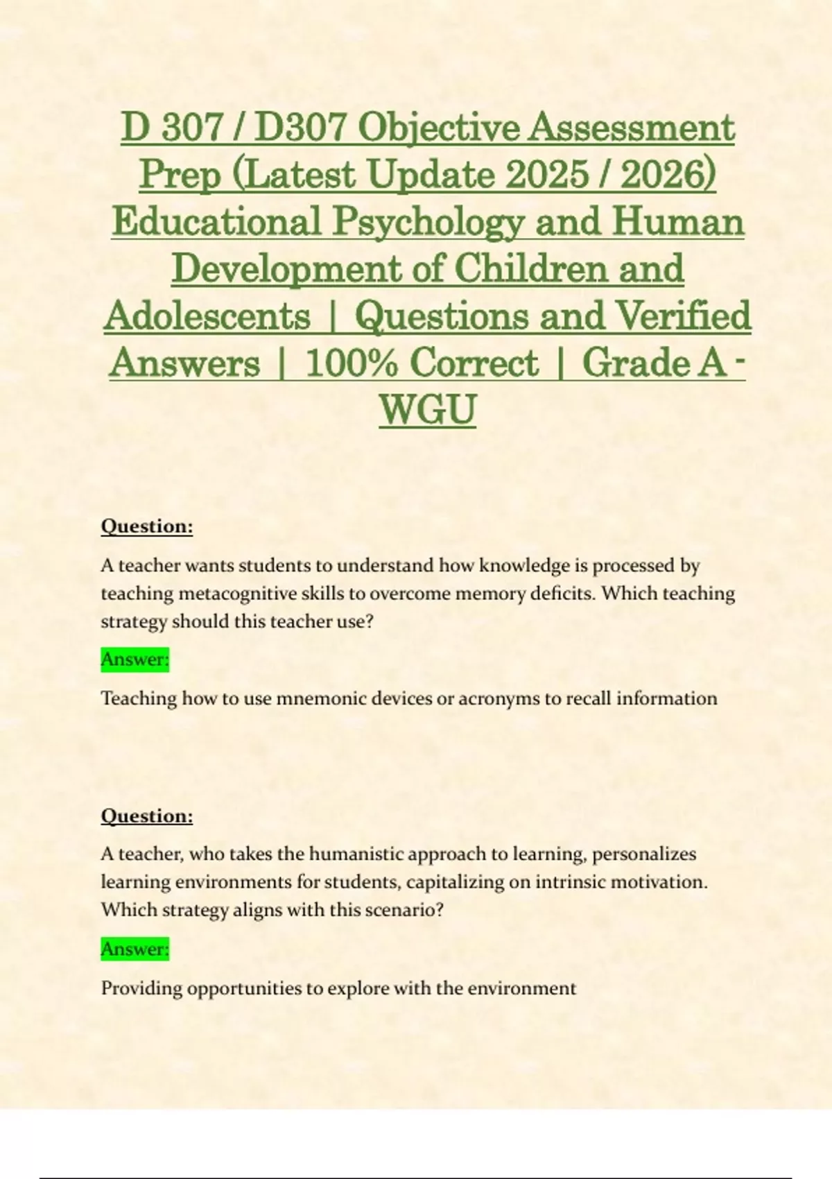 D 307 / D307 Objective Assessment Prep (Latest Update 2025 / 2026 ...