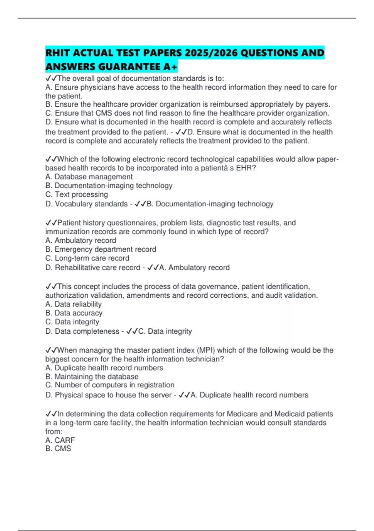 RHIT ACTUAL TEST PAPERS 2025/2026 QUESTIONS AND ANSWERS GUARANTEE A+ ...