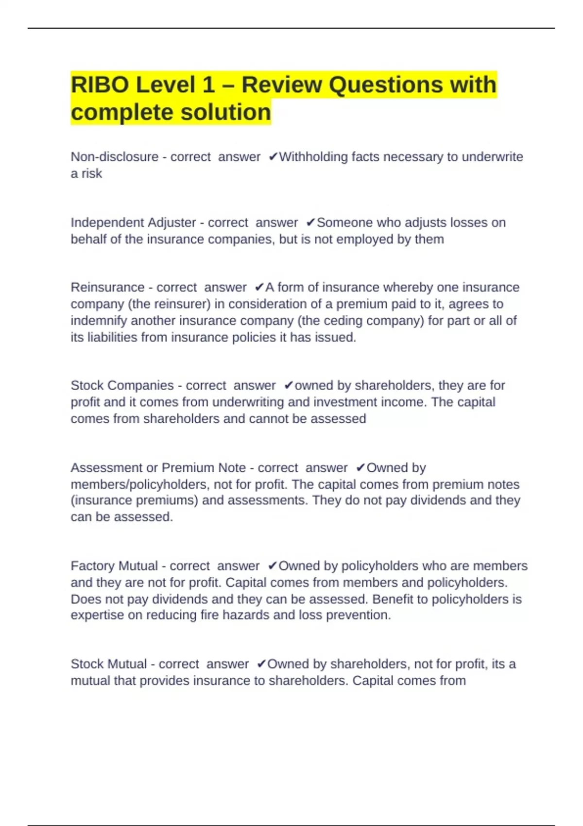 RIBO Level 1 – Review Questions with complete solution - RIBO Level 1 – - Stuvia US