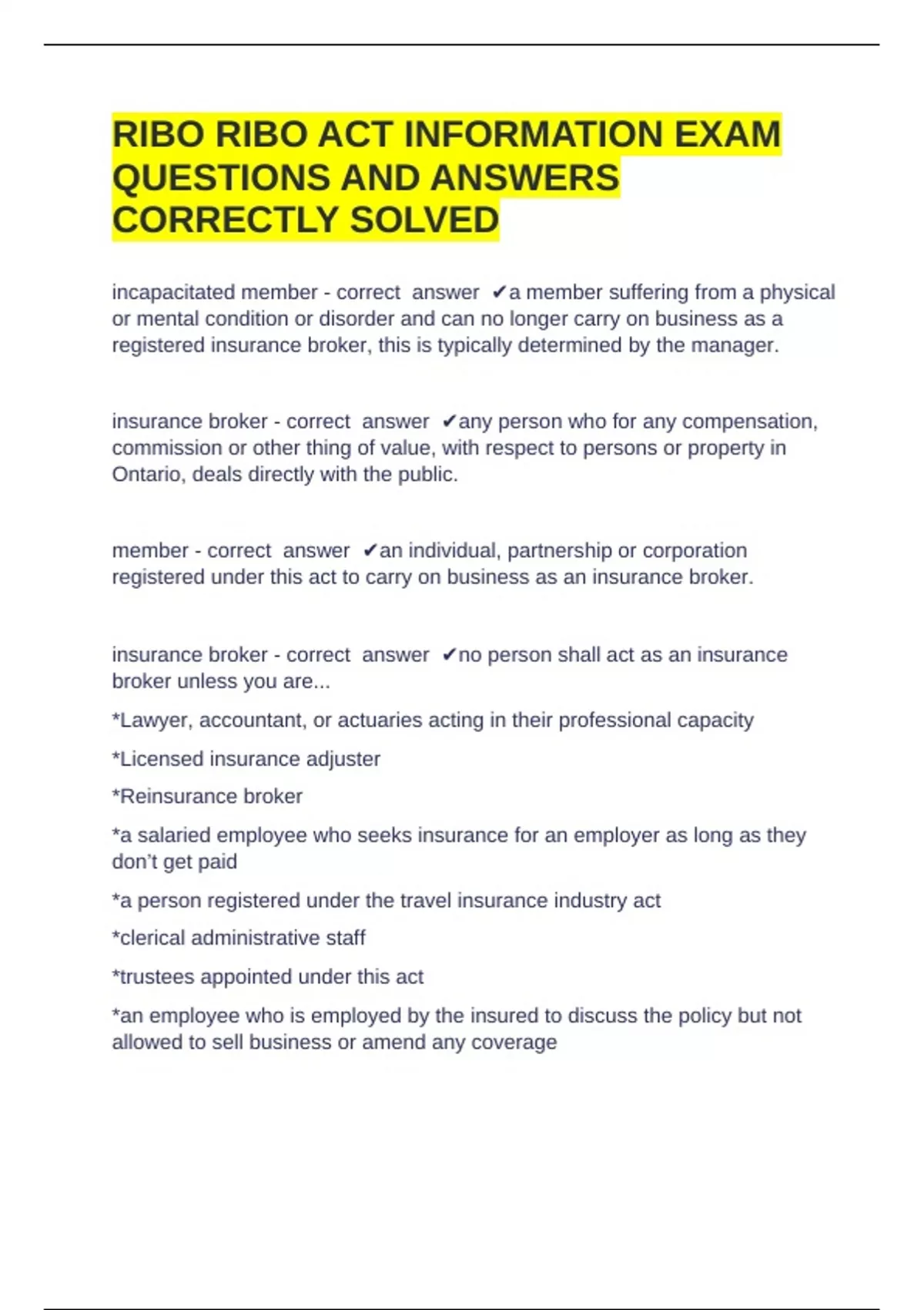 RIBO RIBO ACT INFORMATION EXAM QUESTIONS AND ANSWERS CORRECTLY SOLVED - RIBO RIBO ACT ...