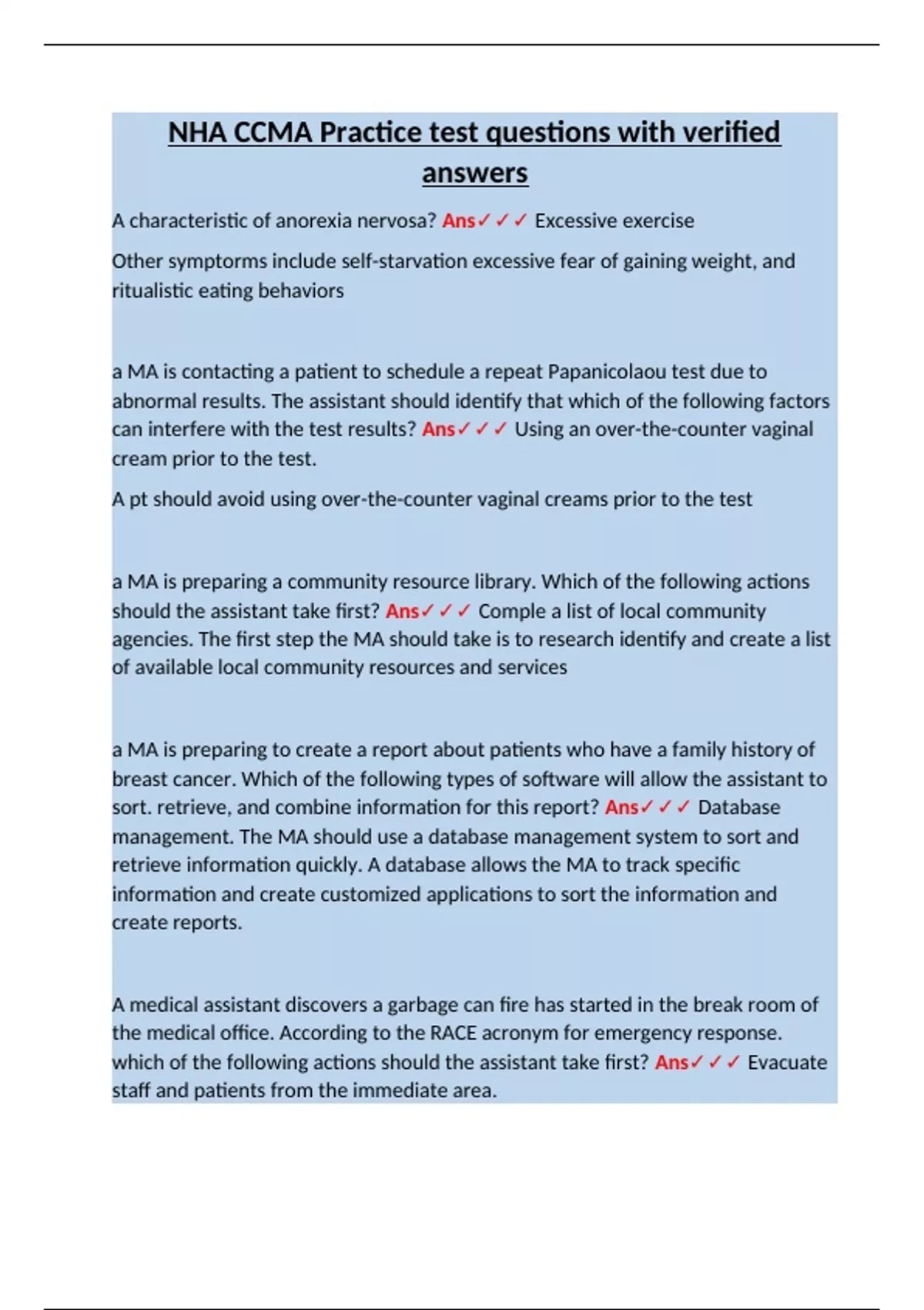NHA CCMA Practice test questions with verified answers. - CCMA - Stuvia US
