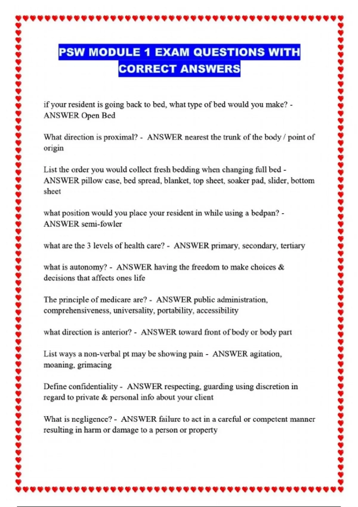 PSW MODULE 1 EXAM QUESTIONS WITH CORRECT ANSWERS - PSW - Stuvia US