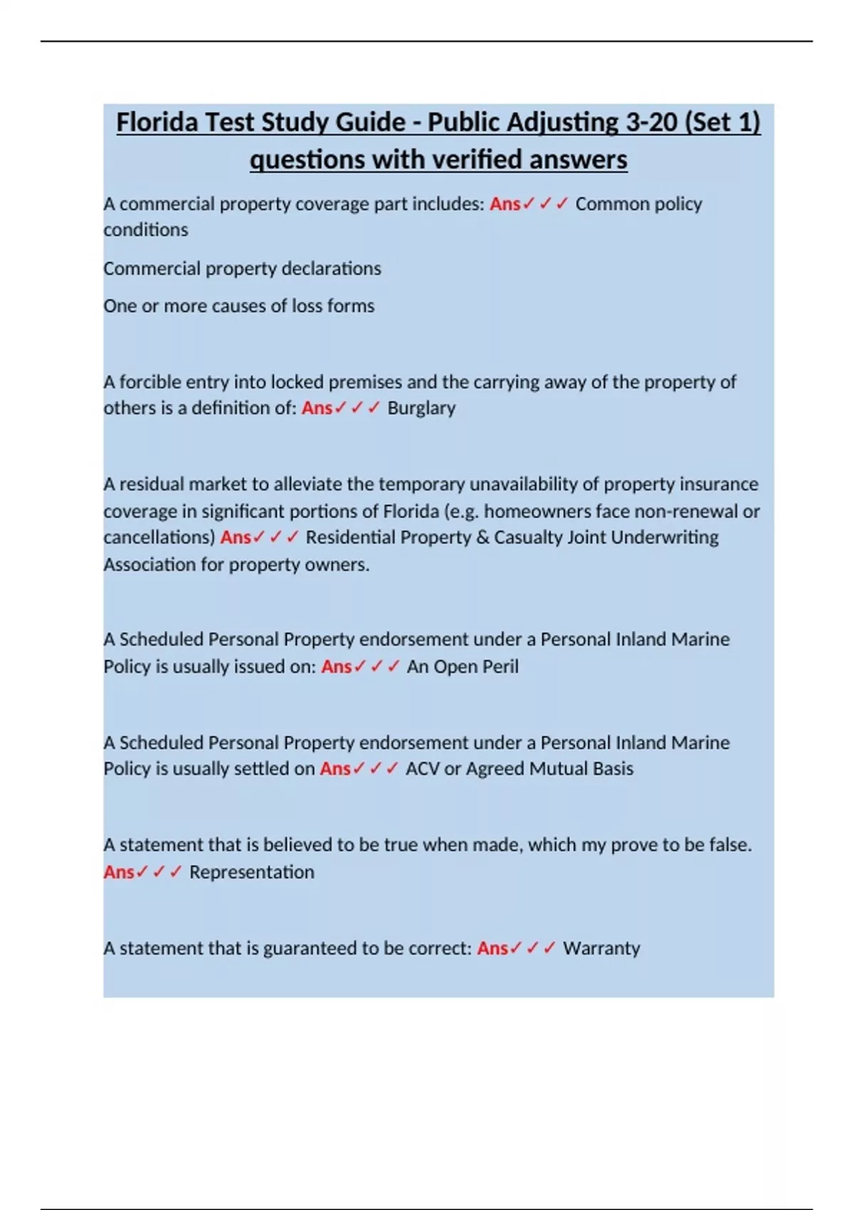 Florida Test Study Guide - Public Adjusting 3-20 (Set 1) questions with ...