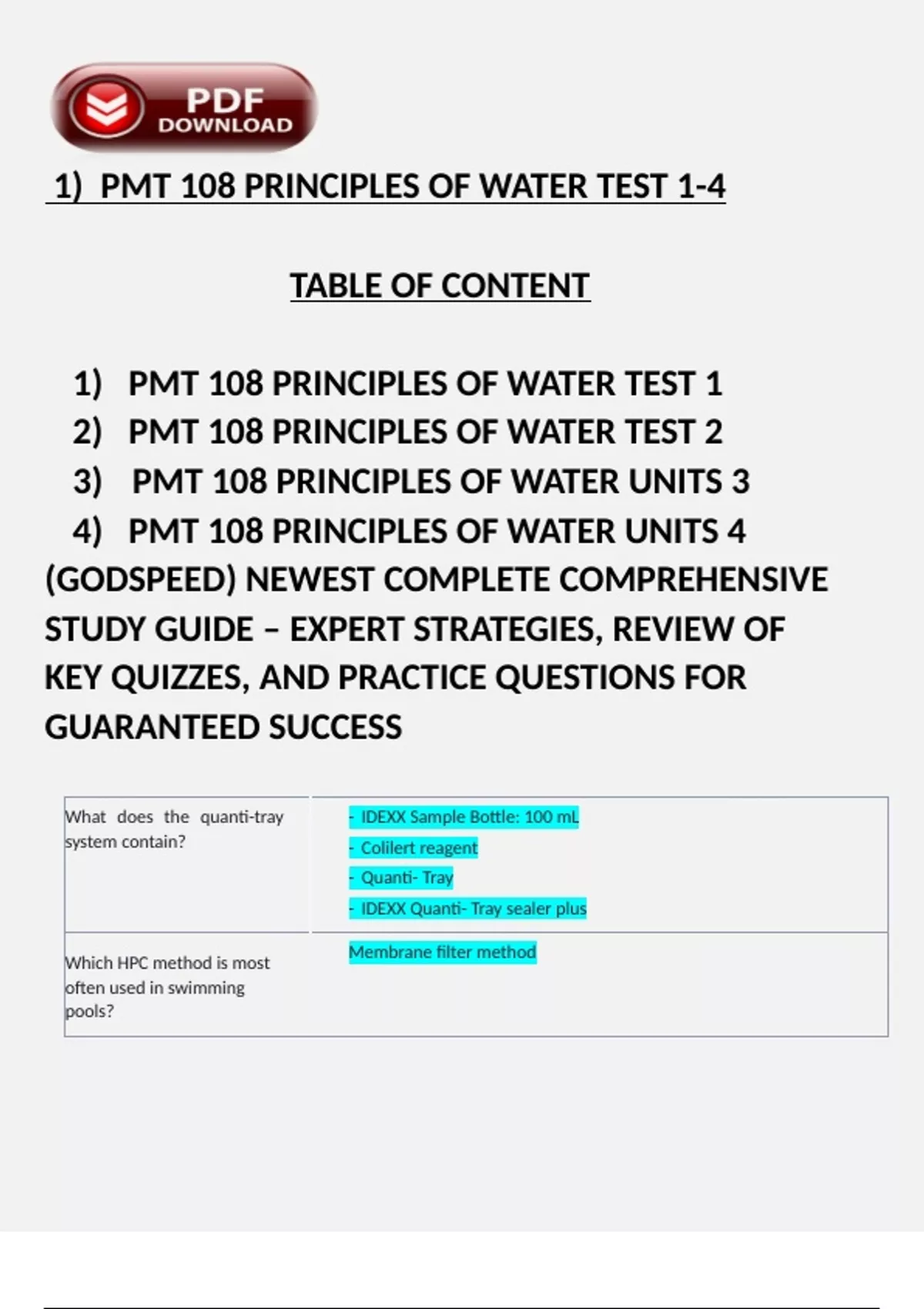 1) PMT 108 PRINCIPLES OF WATER TEST 1-4 TABLE OF CONTENT 1) PMT 108 ...