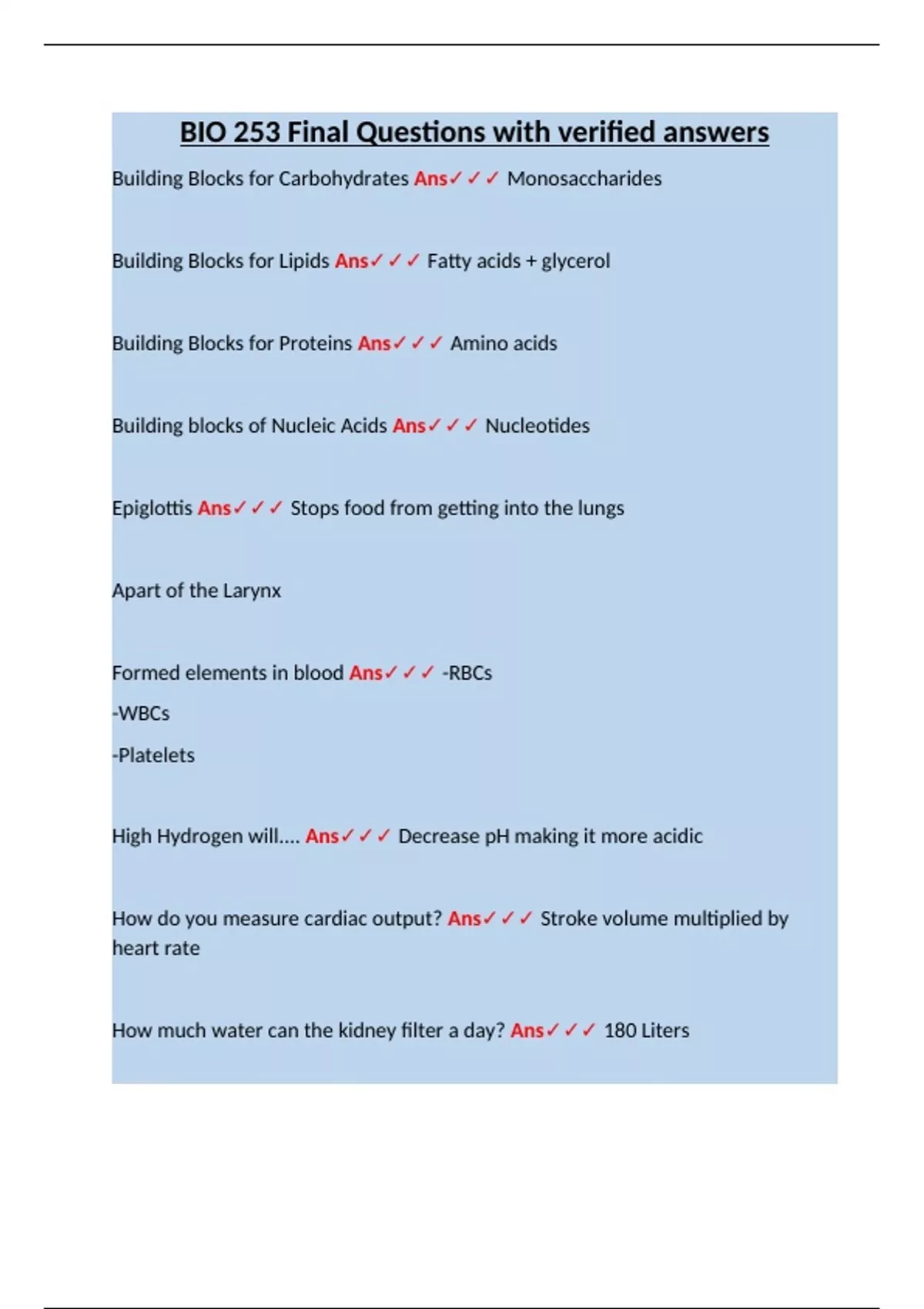 BIO 253 Final Questions with verified answers - Bio 253 - Stuvia US