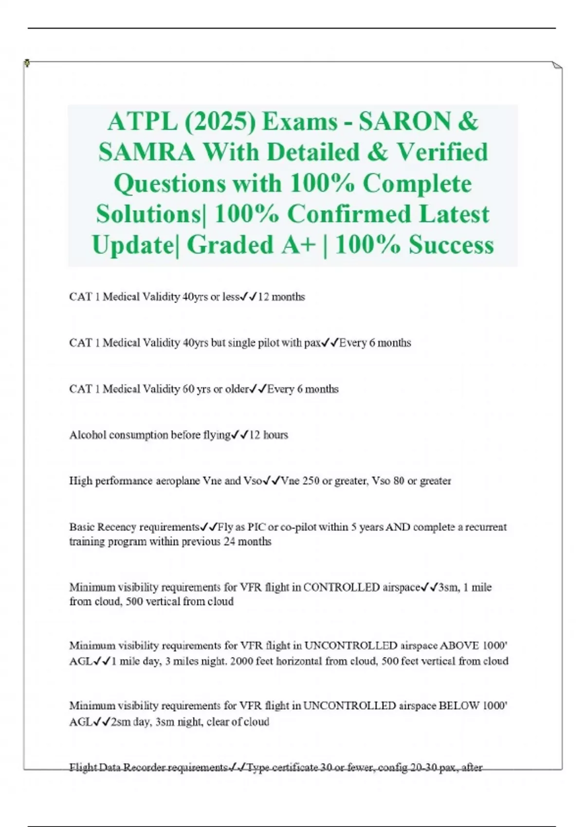ATPL (2025) Exams - SARON & SAMRA With Detailed & Verified Questions with 100% Complete ...