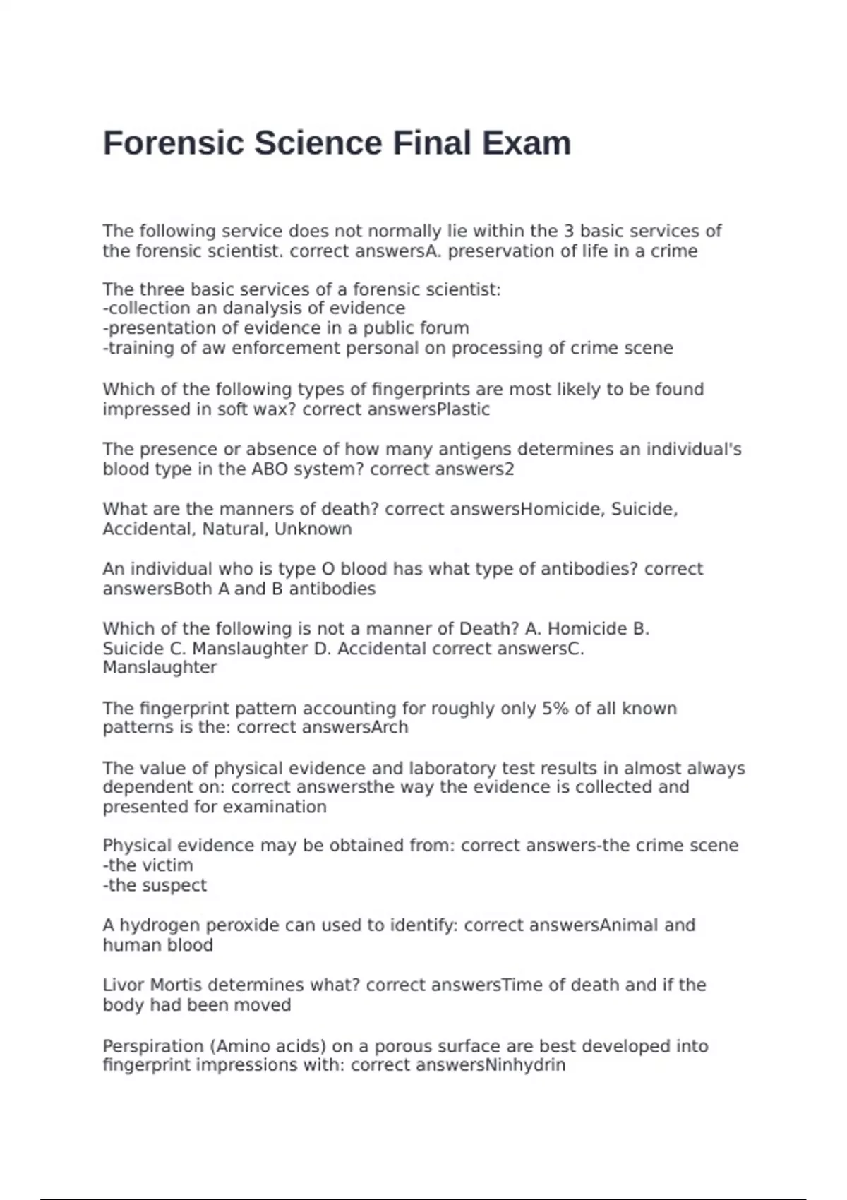 Forensic Science Final Exam with 100% correct answers 2025 - Forensic Science Fina - Stuvia US