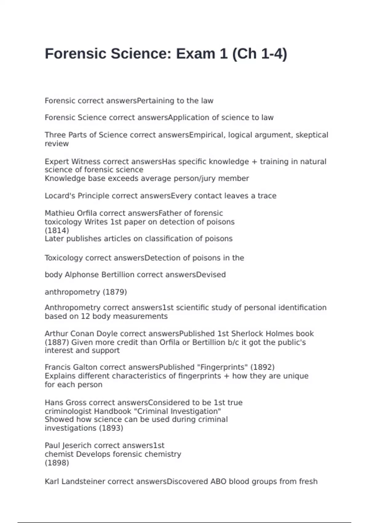 Forensic Science: Exam 1 (Ch 1-4) with 100% correct answers 2025 ...