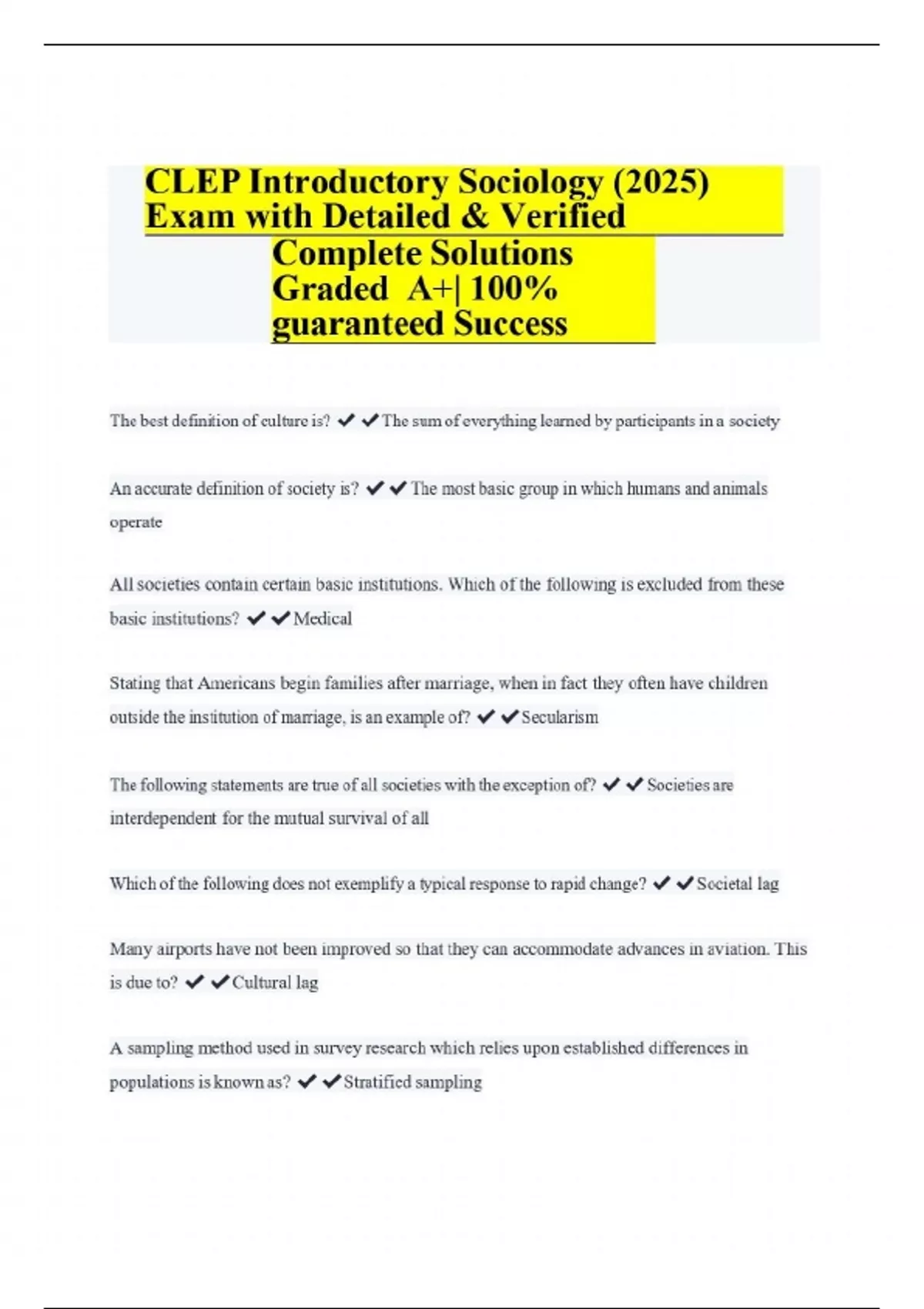 CLEP Introductory Sociology (2025) Exam with Detailed & Verified ...