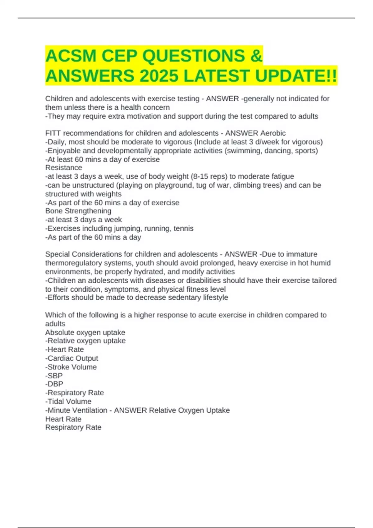 ACSM CEP QUESTIONS & ANSWERS 2025 LATEST UPDATE!! - ACSM CEP - Stuvia US