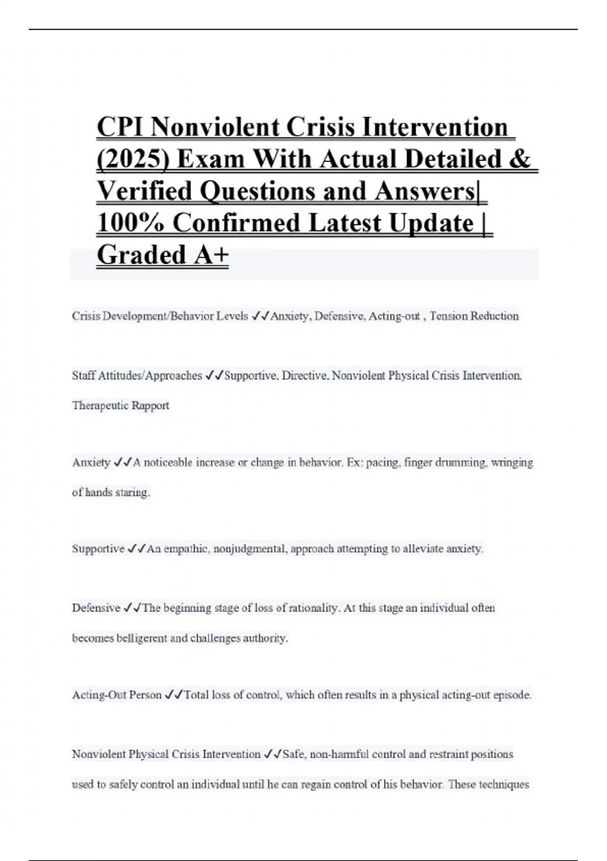 CPI Nonviolent Crisis Intervention (2025) Exam With Actual Detailed ...