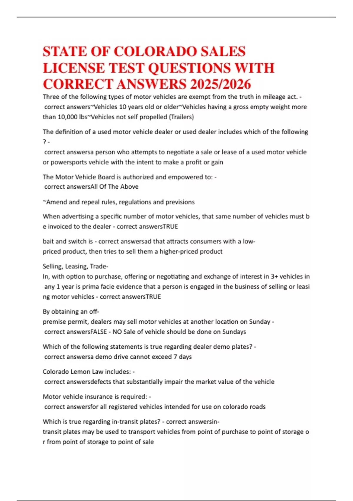 STATE OF COLORADO SALES LICENSE TEST QUESTIONS WITH CORRECT ANSWERS ...