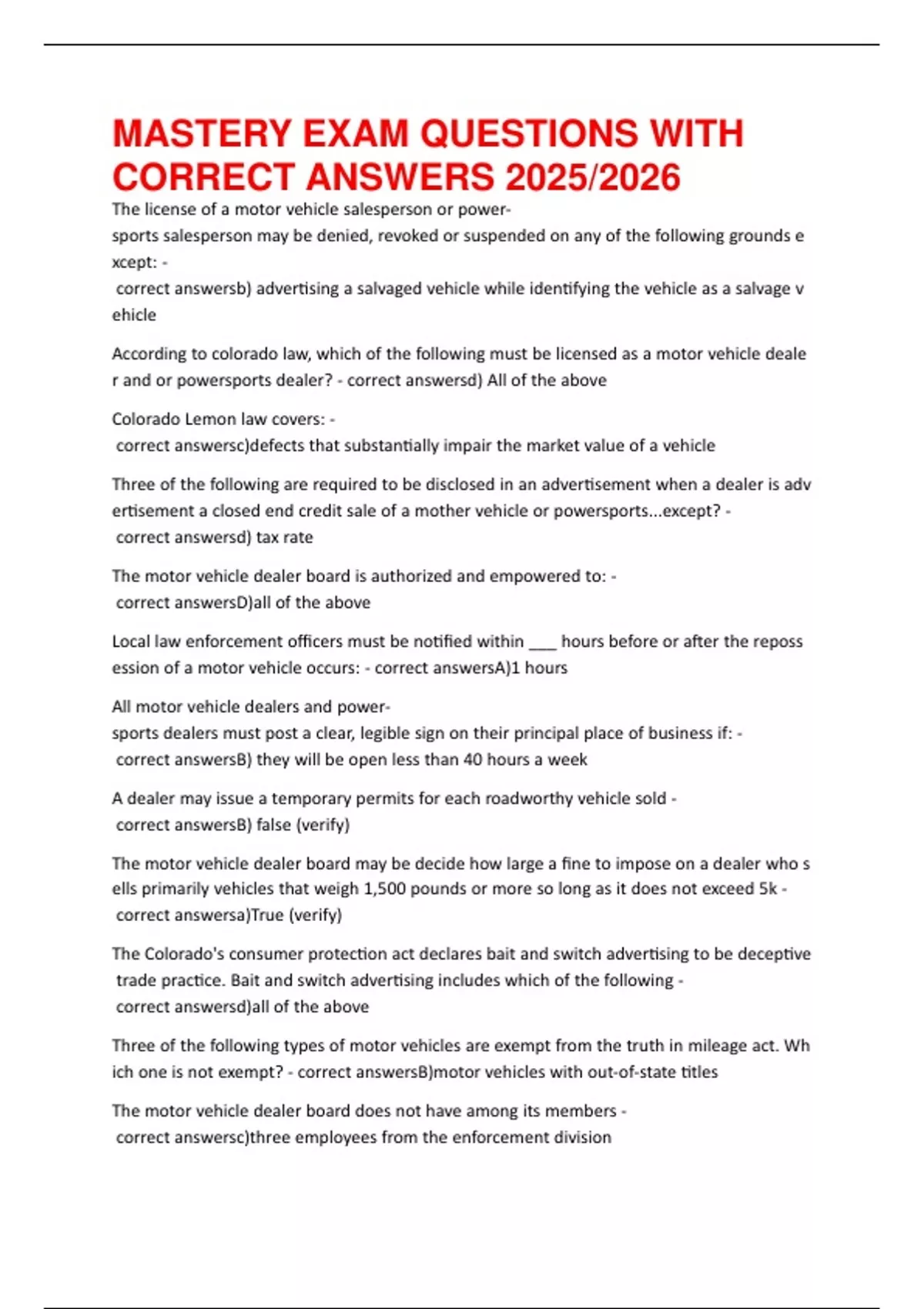MASTERY EXAM QUESTIONS WITH CORRECT ANSWERS 2025 - Colorado mastery car ...