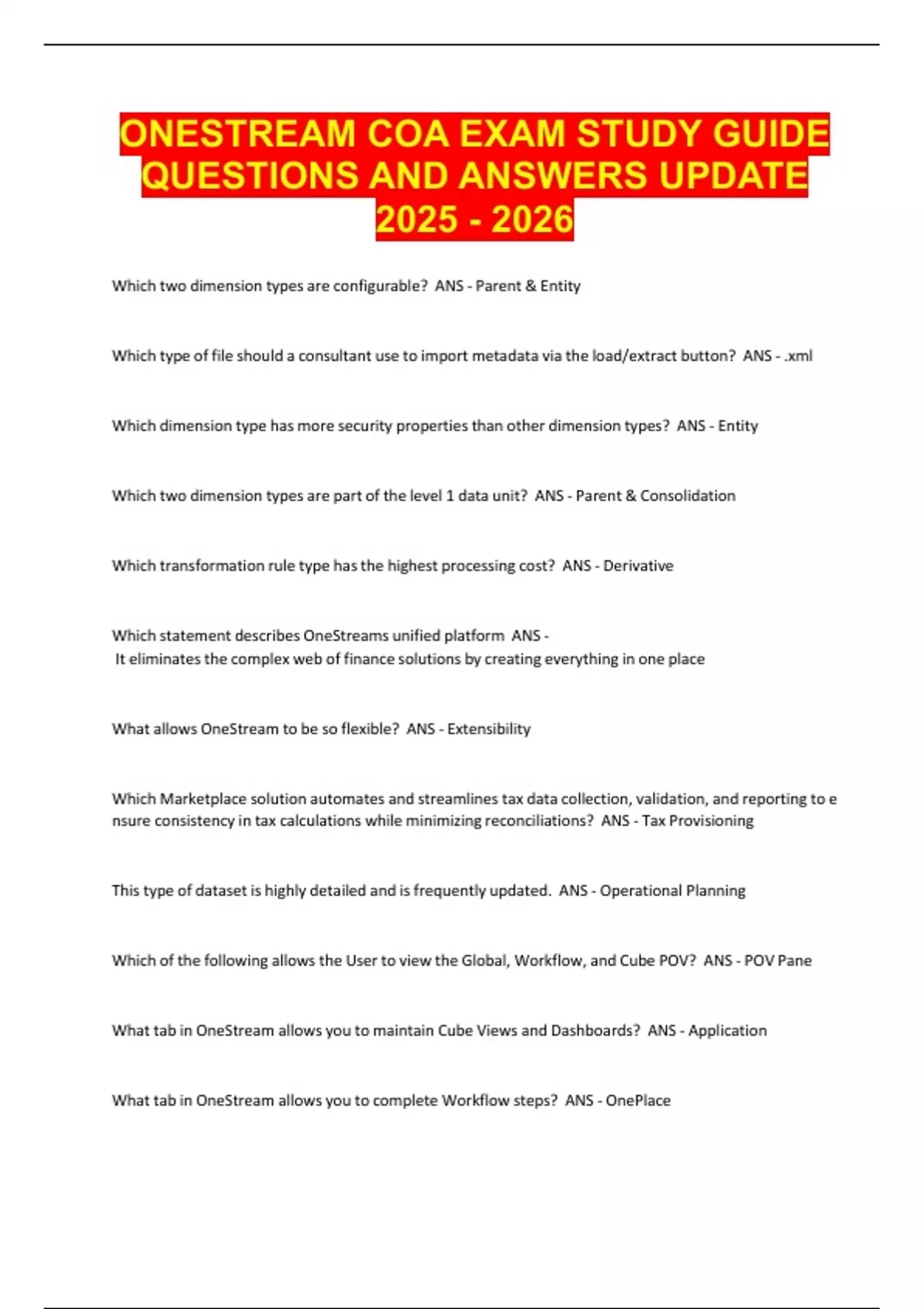 ONESTREAM COA EXAM STUDY GUIDE QUESTIONS AND ANSWERS UPDATE - COA ...