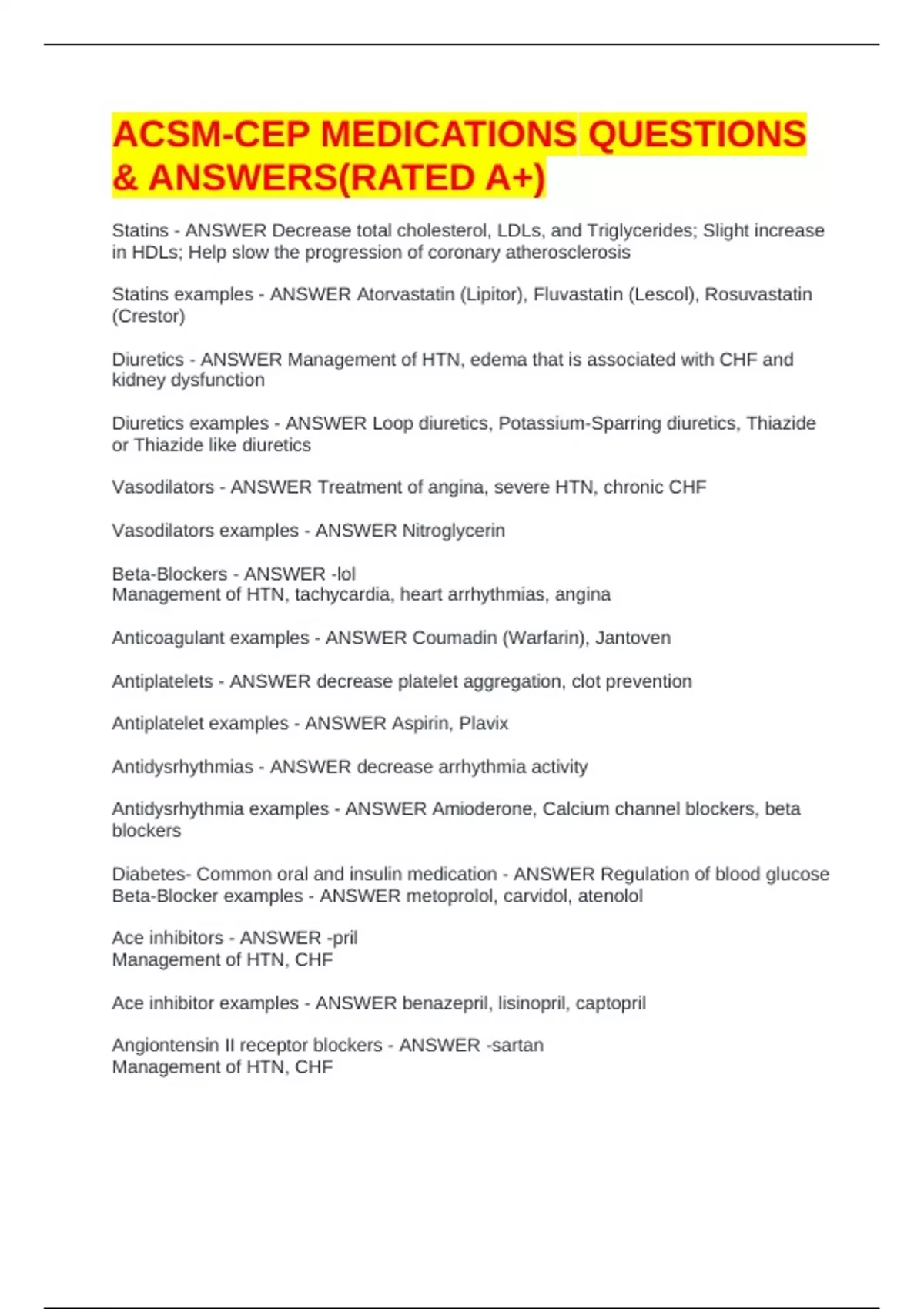 ACSM-CEP MEDICATIONS QUESTIONS & ANSWERS(RATED A+) - ACSM-CEP - Stuvia US