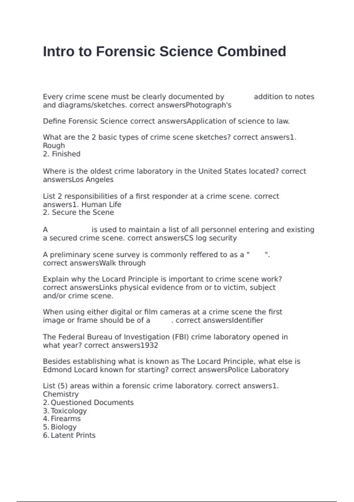 Intro to Forensic Science Combined exam with 100% correct answers 2025 - Intro to Forensic ...