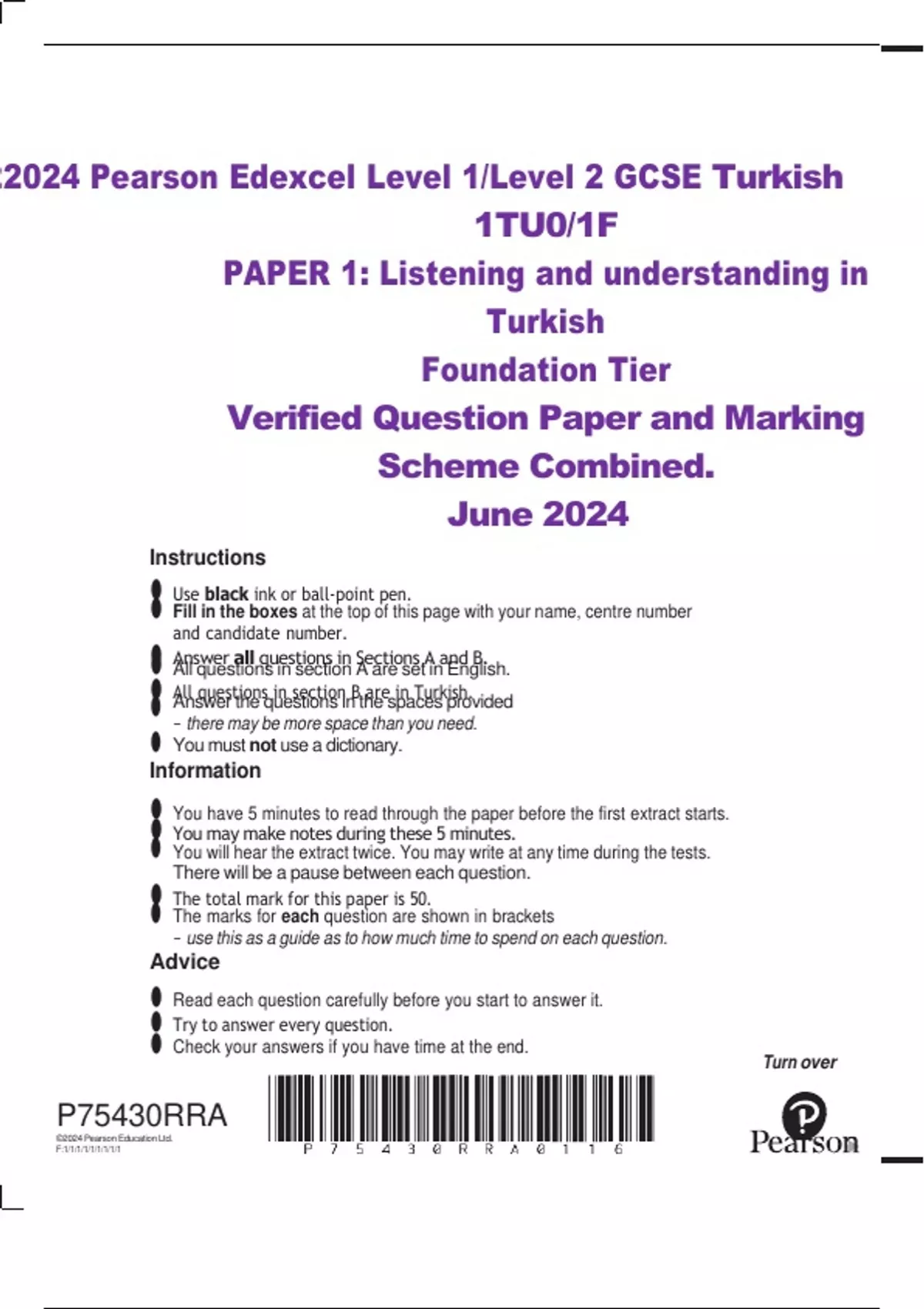 2024 Pearson Edexcel Level 1/Level 2 GCSE Turkish 1TU0/1F PAPER 1 ...